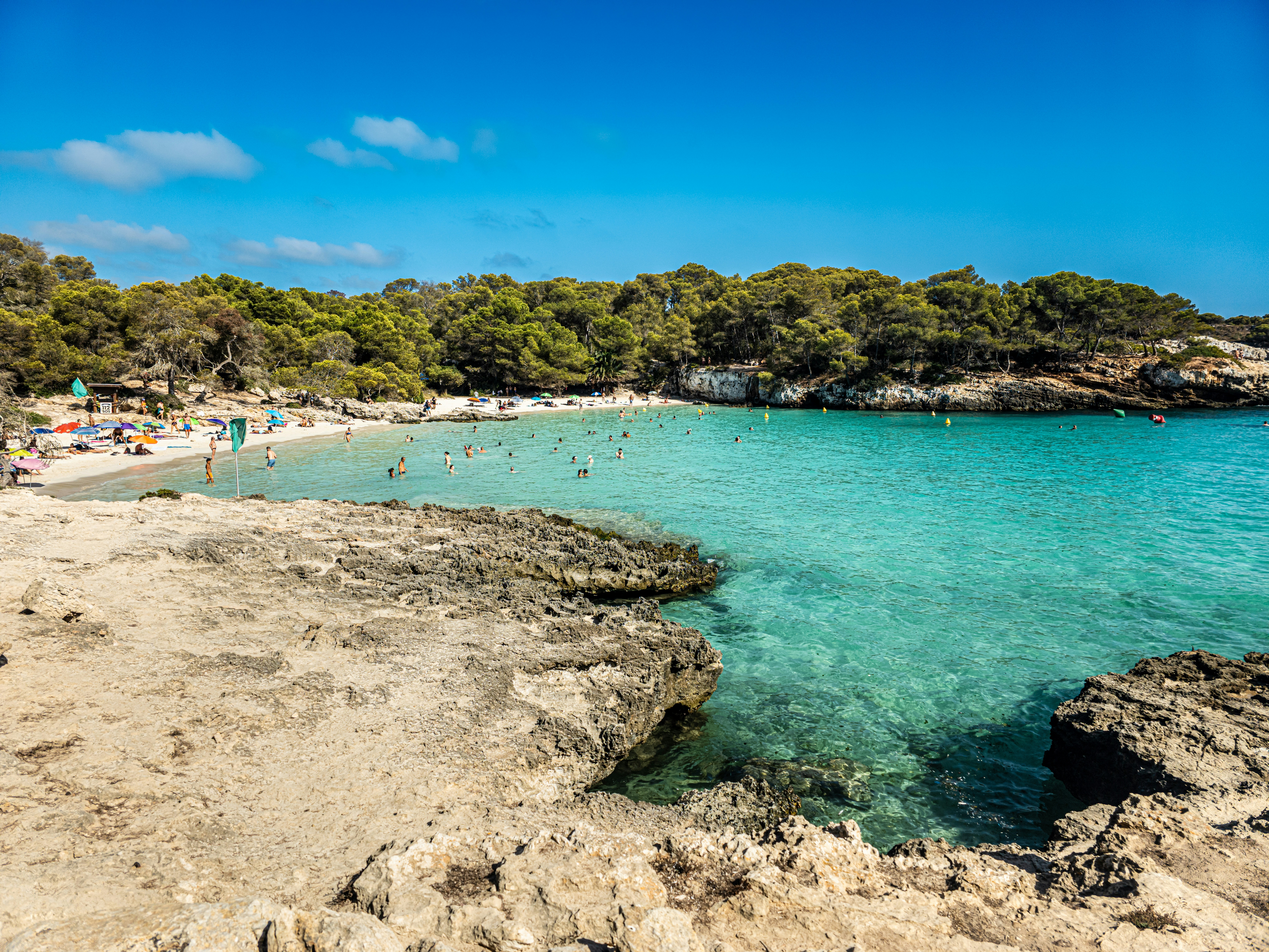 Turquoise Cove: Sunlit Beach and rocky shoreline