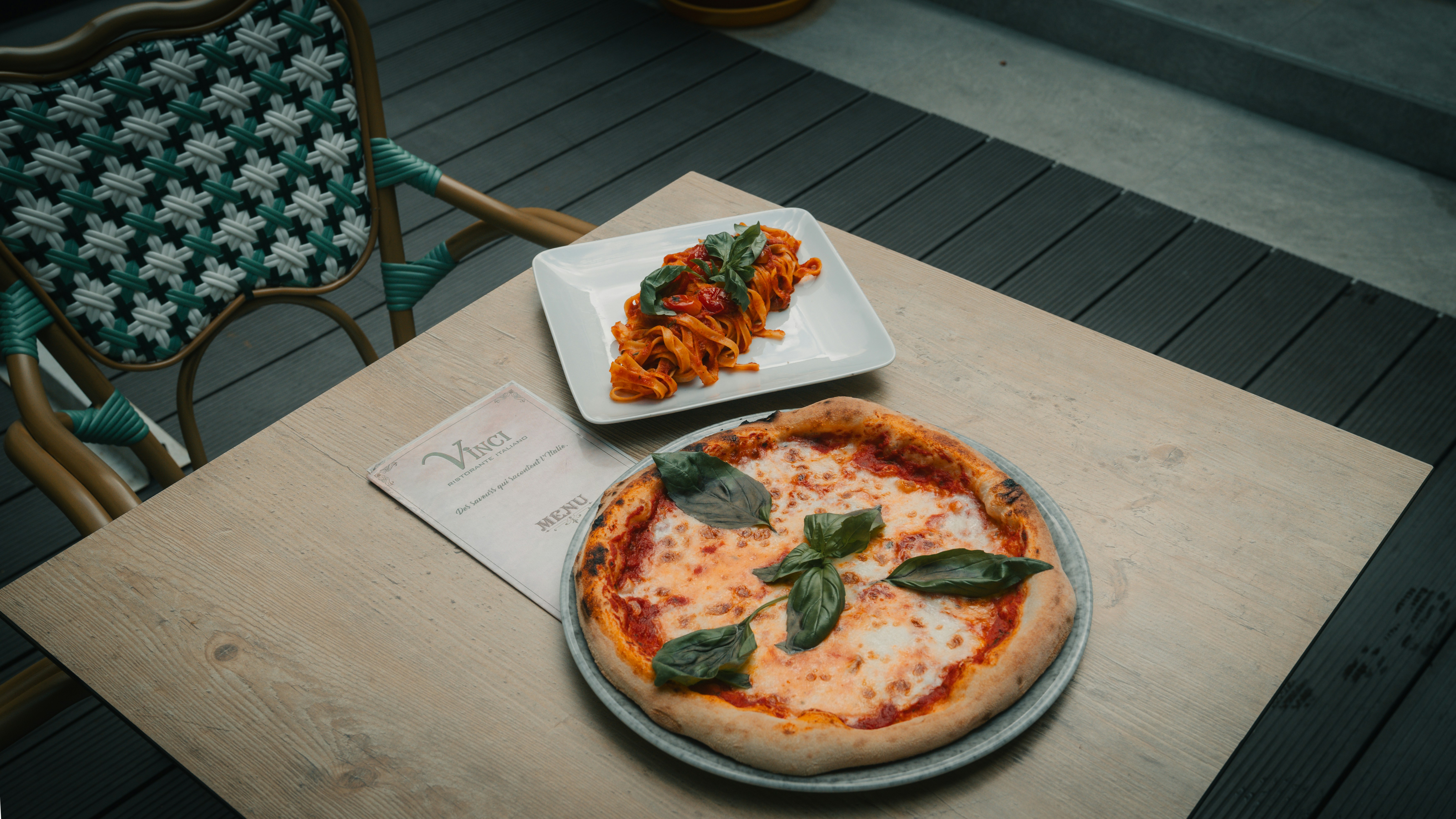 Quiet Italian Table: Margherita and Pasta on a Sunlit Terrace