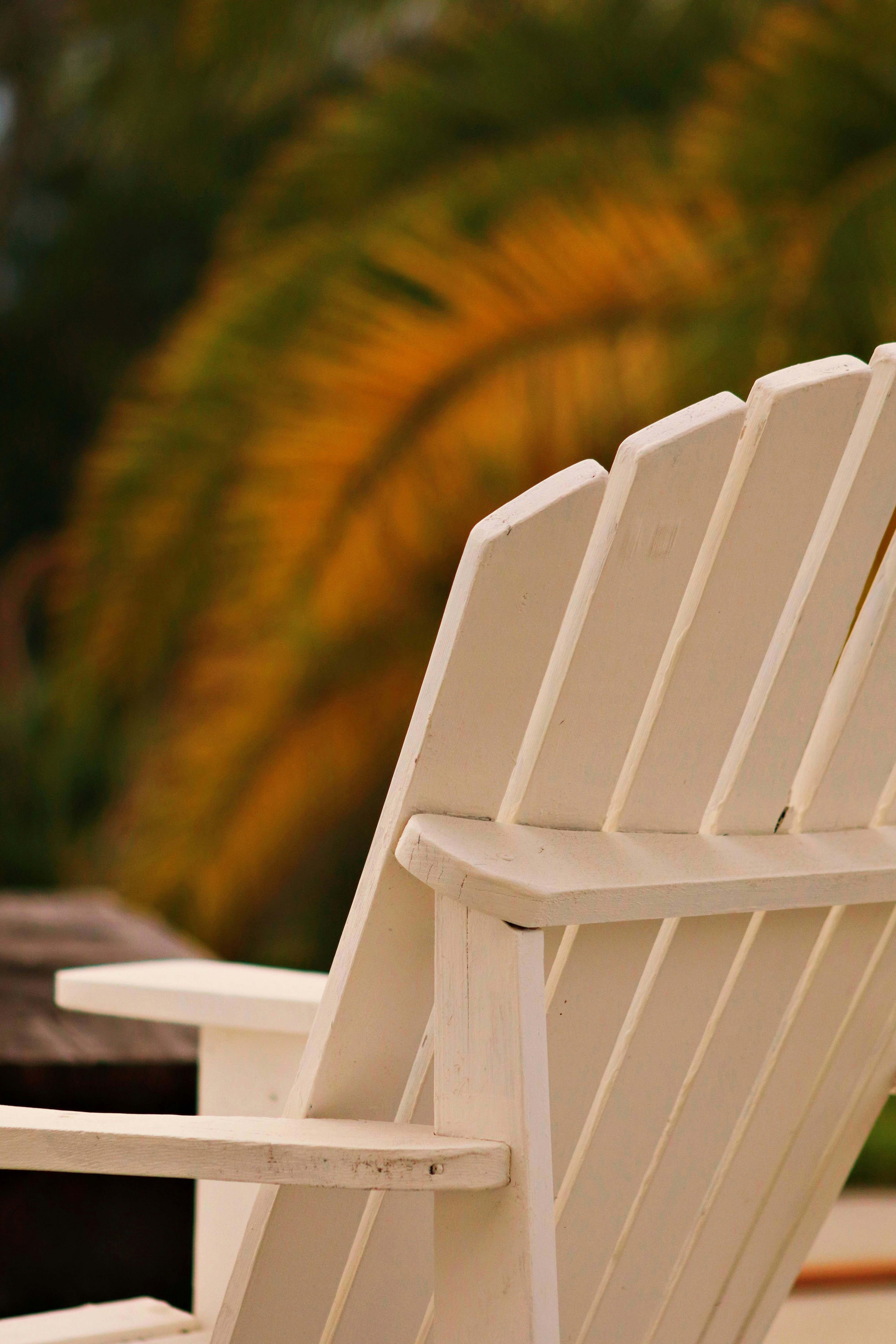 White Adirondack chair in foreground with warm, blurred greenery in background, emphasizing serene outdoor seating.