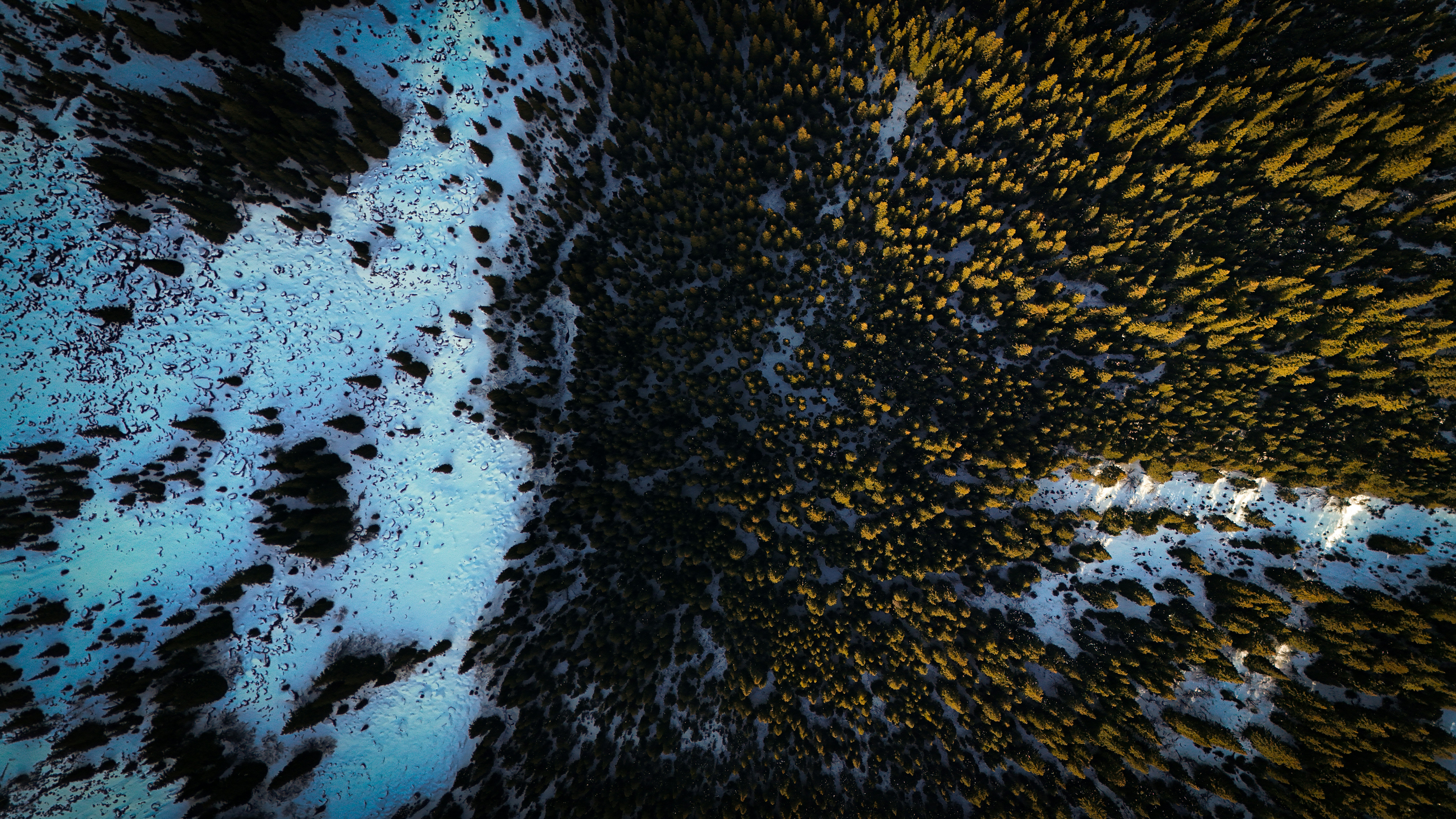 Aerial view of a forested landscape with alternating snow and autumn foliage, split by a dark central ridge; the composition highlights color contrast and texture from above, suitable for landscape study or drone photography analysis.