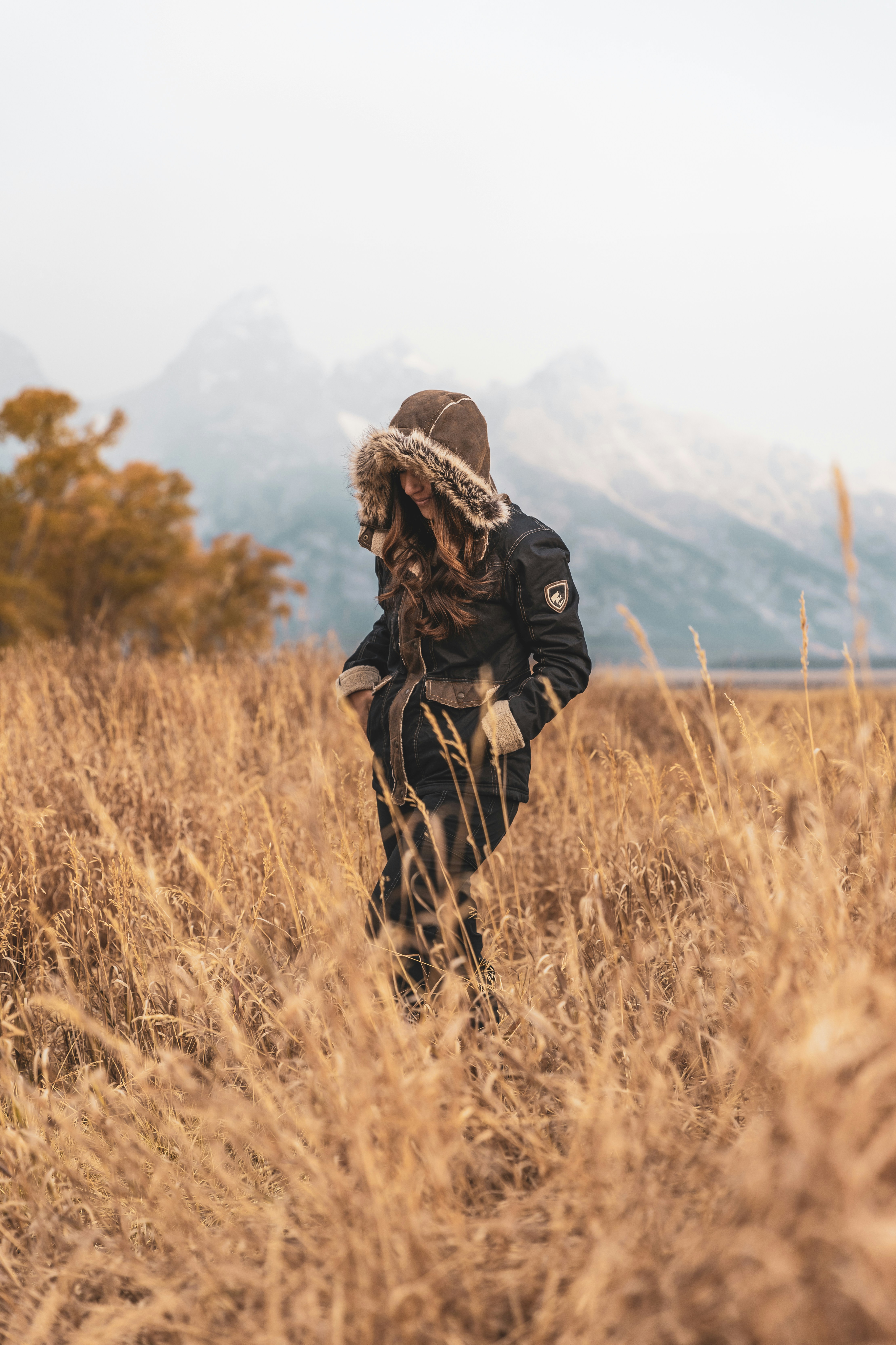 A solitary figure in a fur-lined hooded jacket stands amidst tall golden grasses, mountains fading in the distance; a restrained, moody landscape portrait.