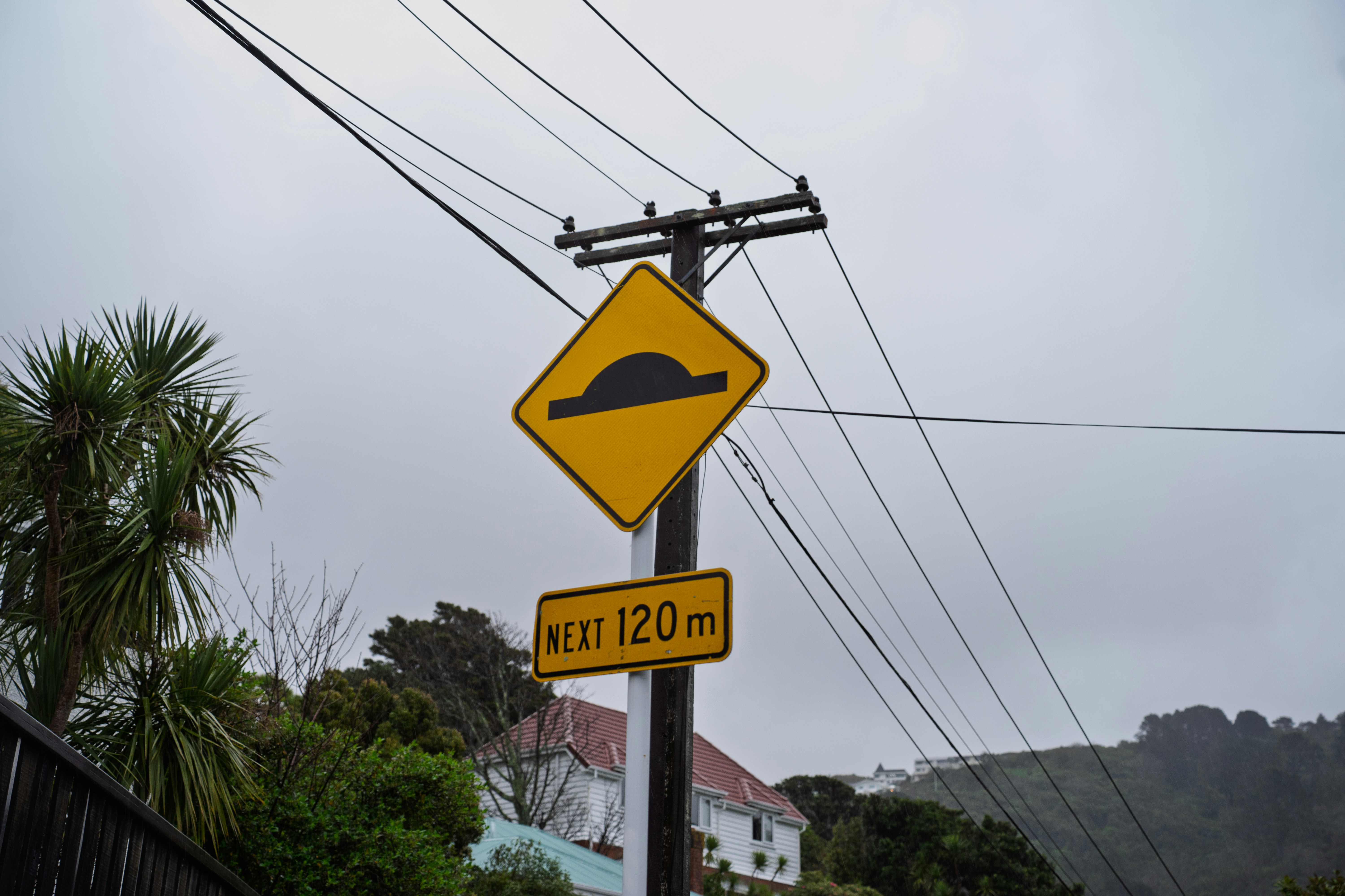 Warning Sign on a Gentle Slope: A Quiet Street Scene