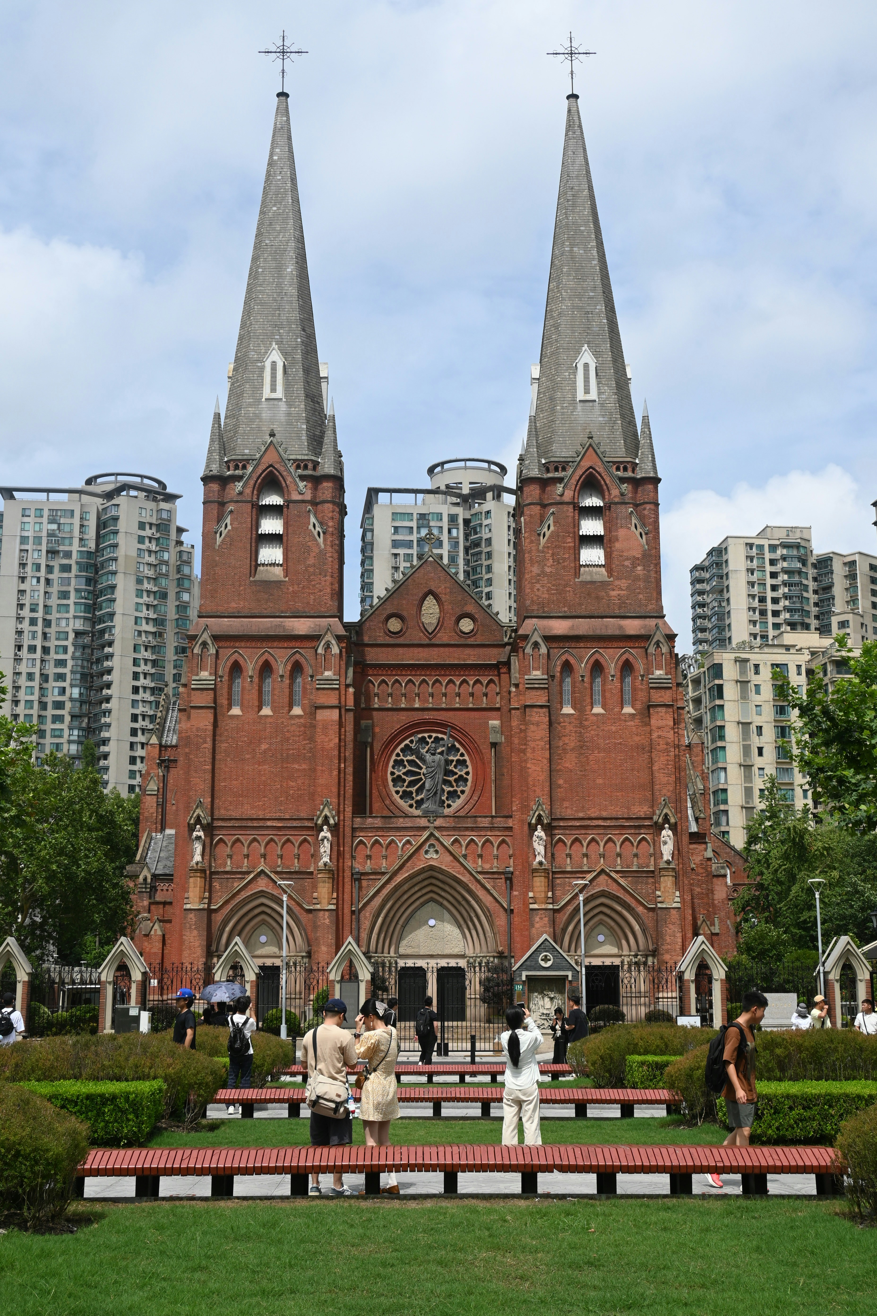 Twin Spires of Red Brick Crown a Central Cathedral
