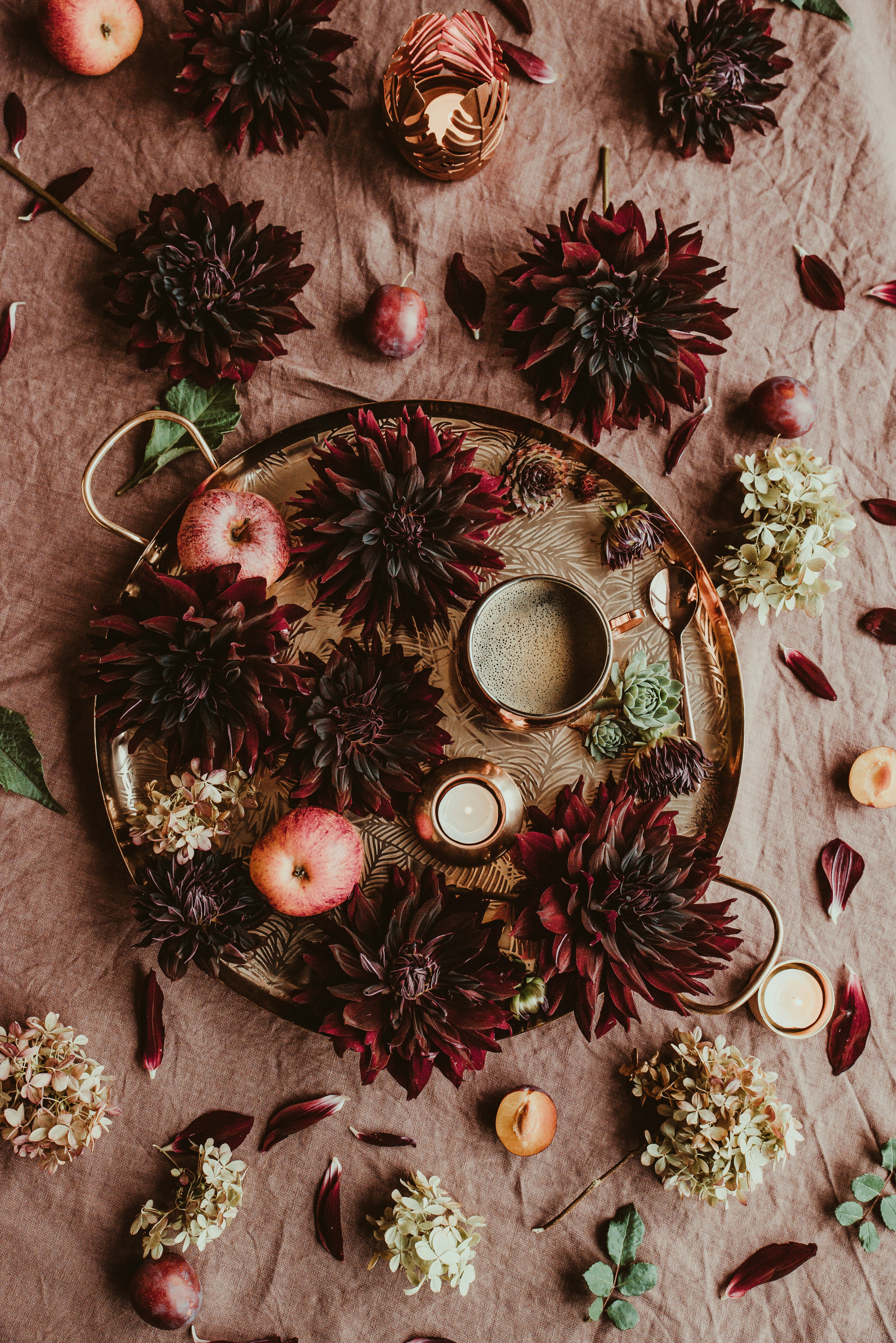 Copper Tray of Autumn Copper: A Still Life of Dahlias, Apples, and Coffee