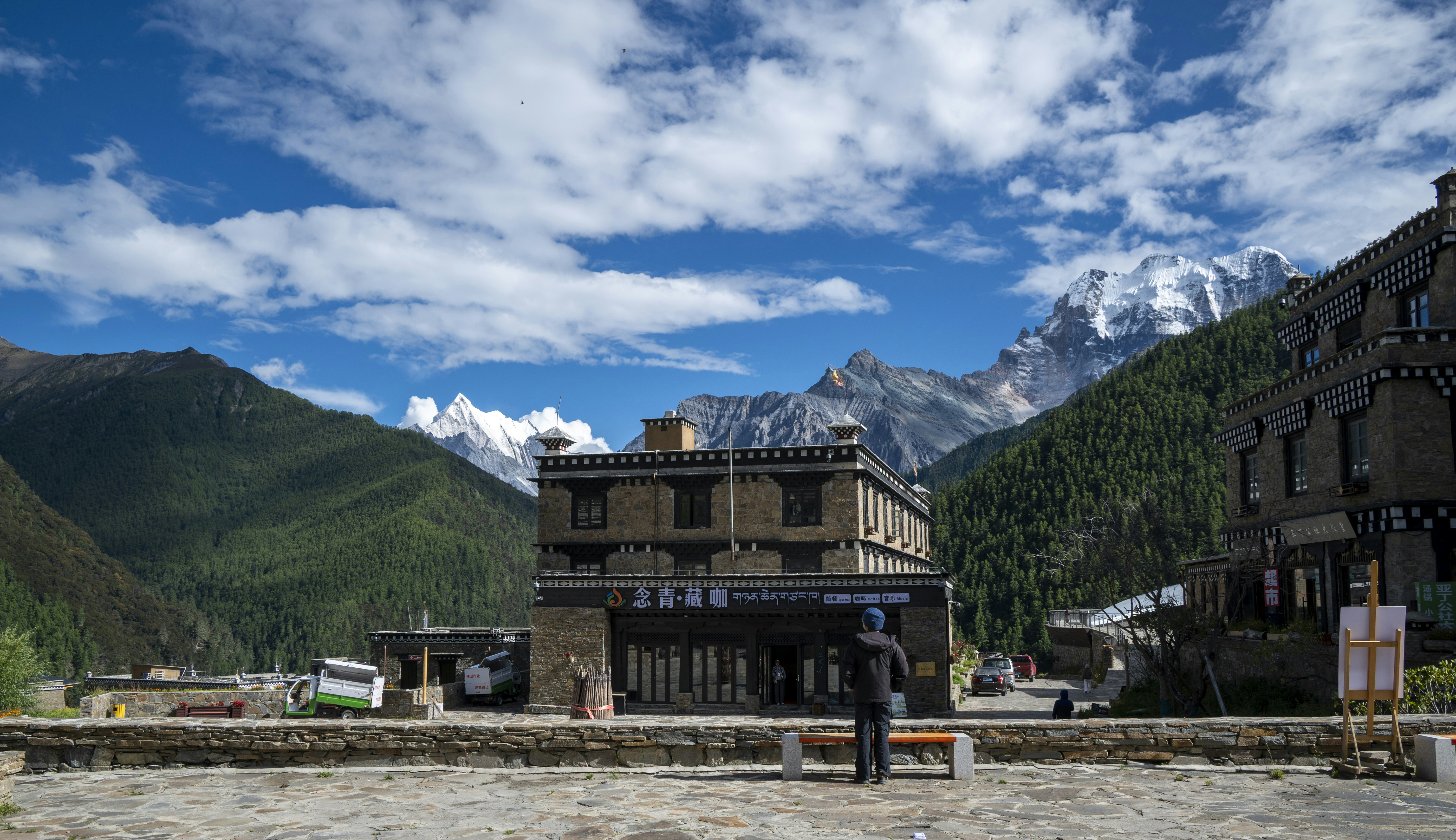 Mountain Lodge at the Foot of Snowy Peaks