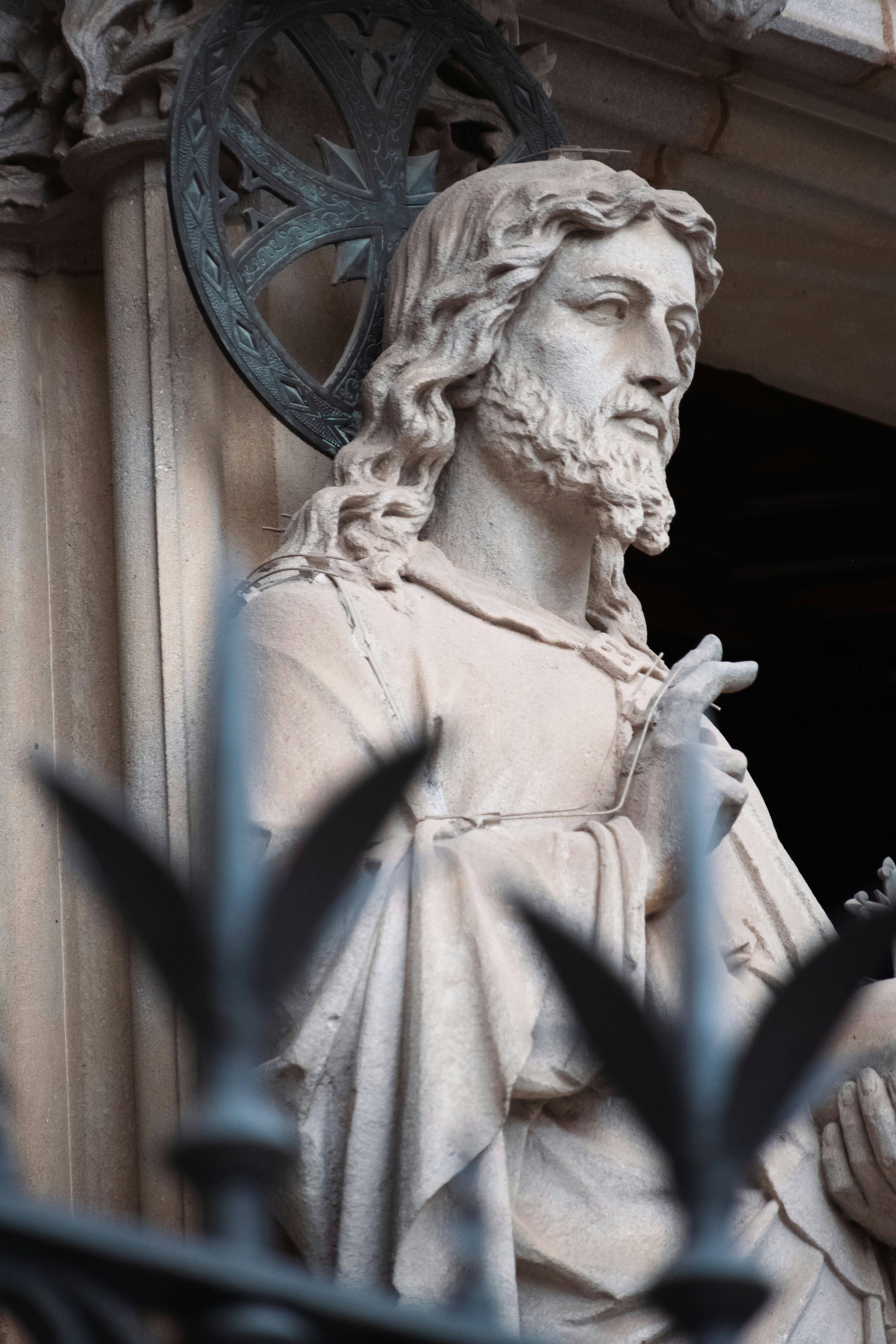 Solemn Saint in Soft Focus: Carved Figure Behind Plant Shadows