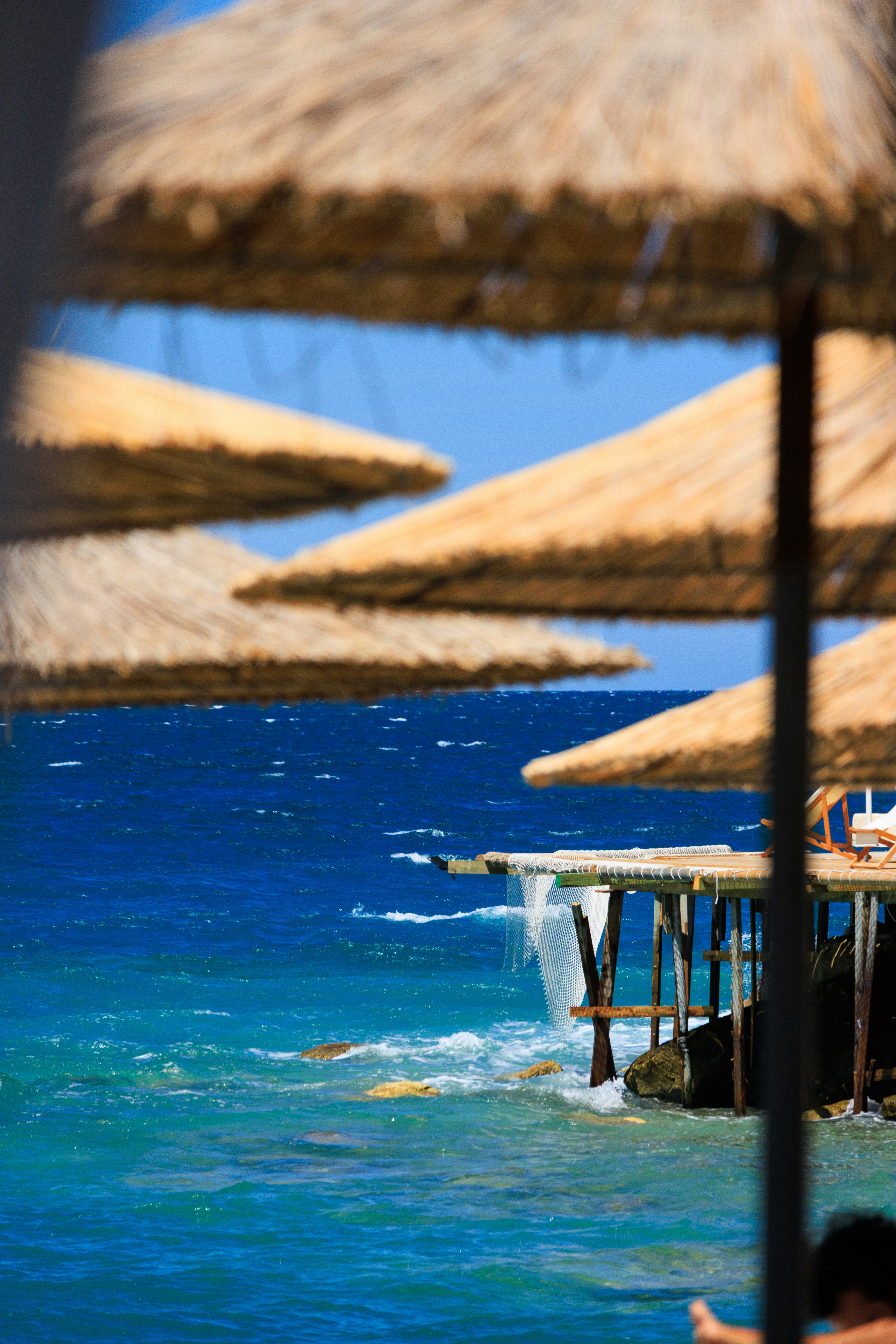 Shade and Sea: Hidden Beach Chairs Behind a Waterfront Row of Straw Umbrellas