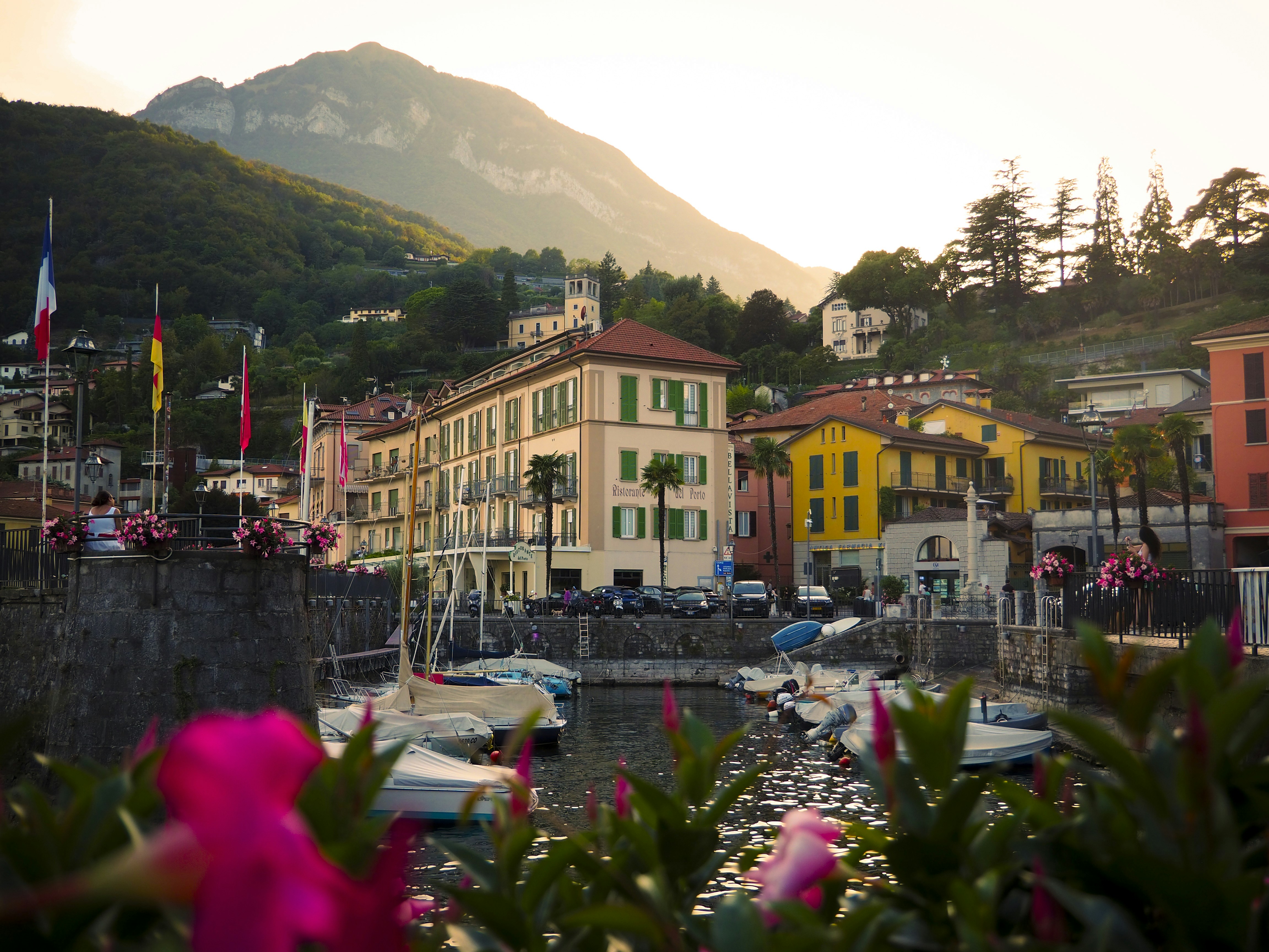 Harbor Village at Sunset: Boats, Bougainvillea, and Colorful Facades