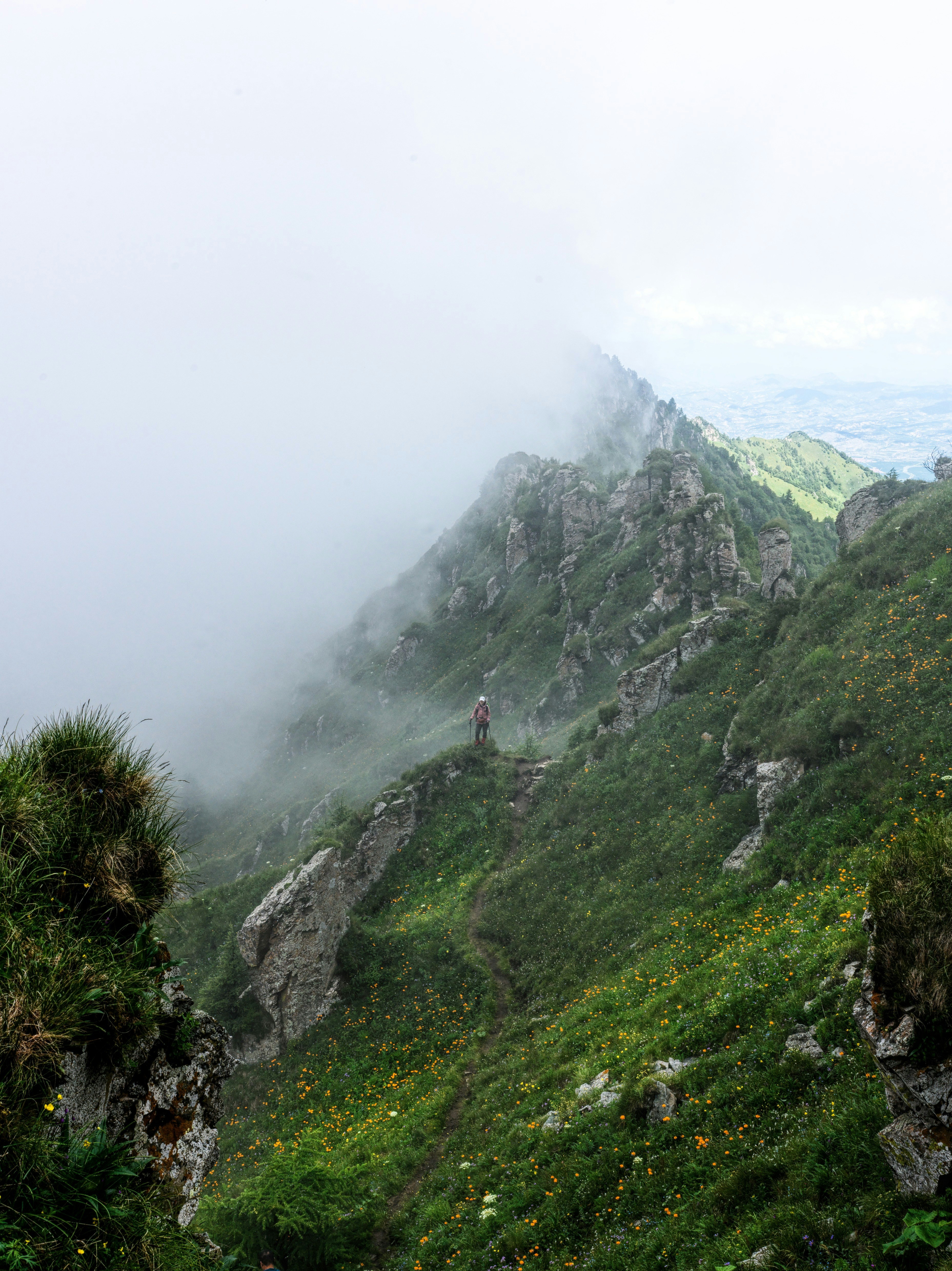 A lone hiker traverses a rugged alpine ridge blanketed in mist, with wildflowers and rocky outcrops along the slope.