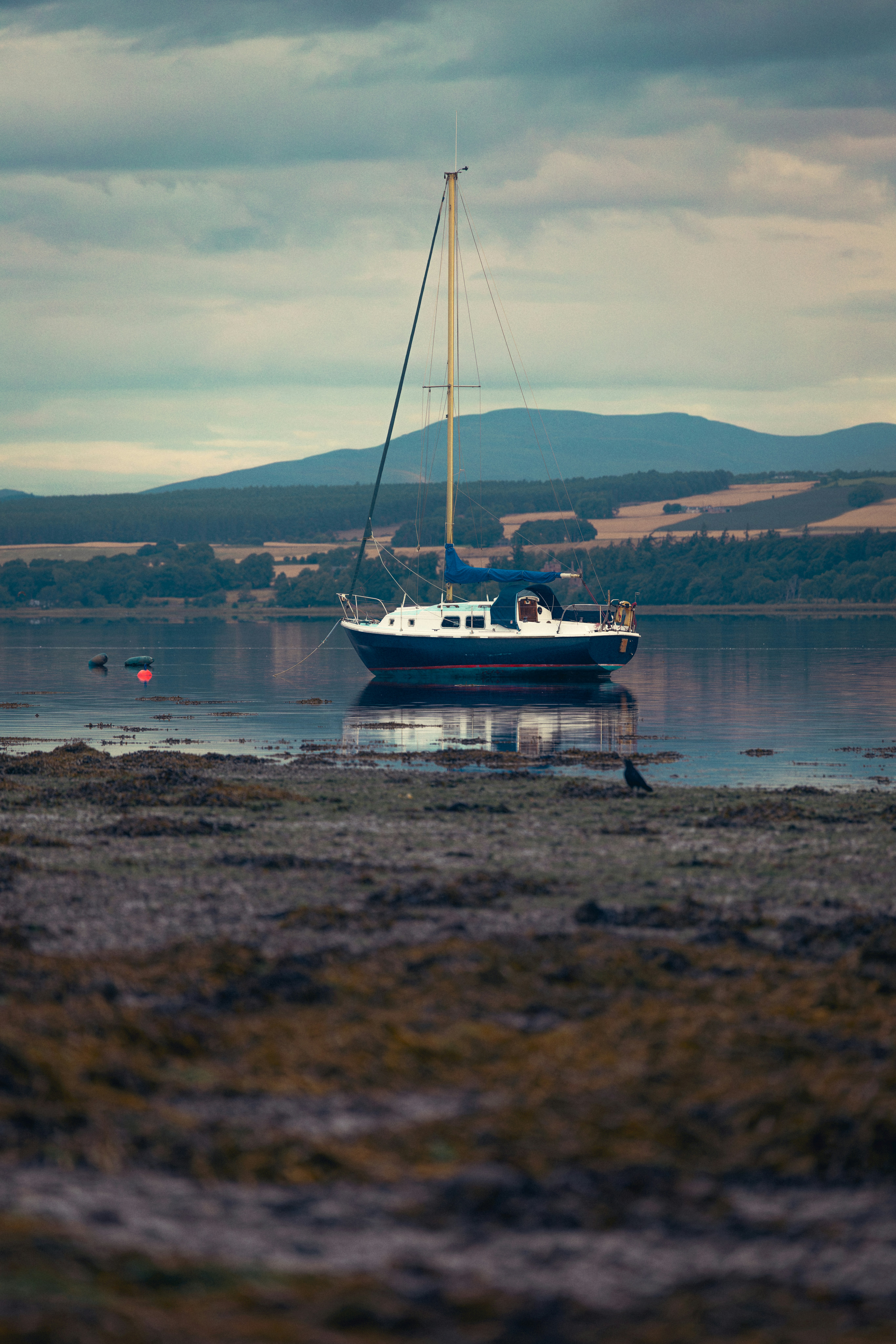 Quiet Sailboat at Calm Tides Under Broad Cloudscape