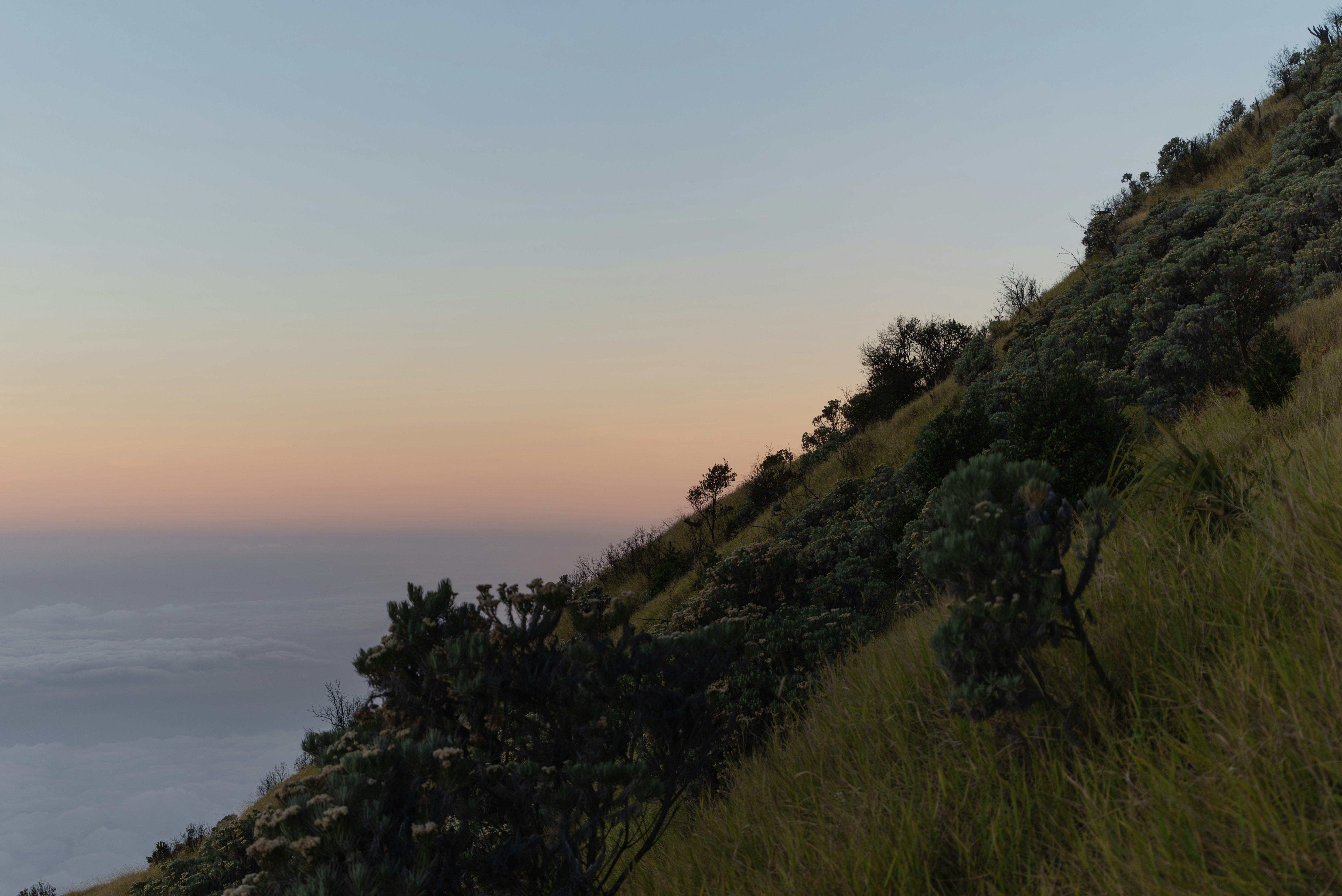 Sunset Over a Sloped hillside Above the Clouds