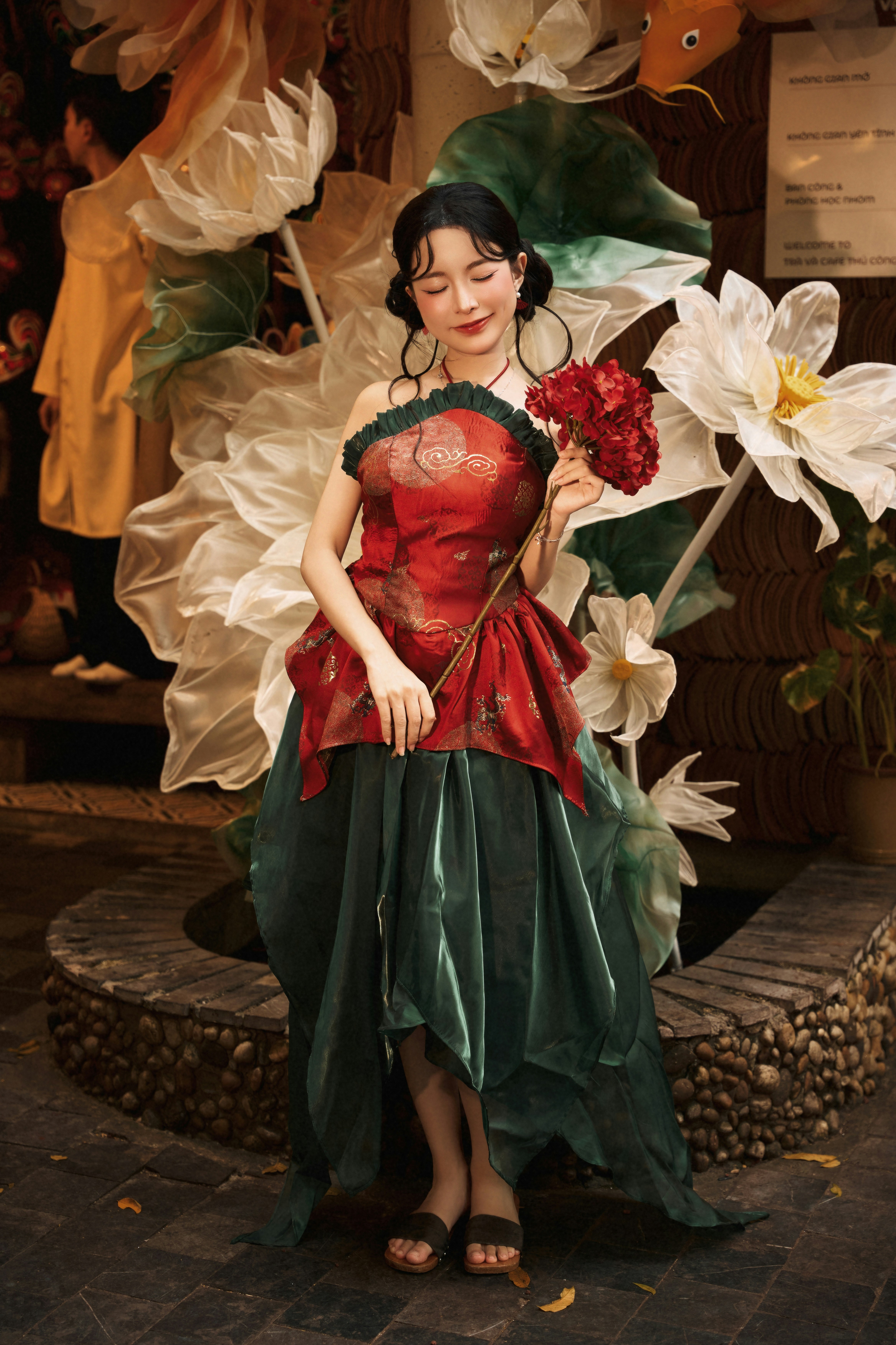 Elegance in Bloom: A Dainty Portrait Amid Floral Silk