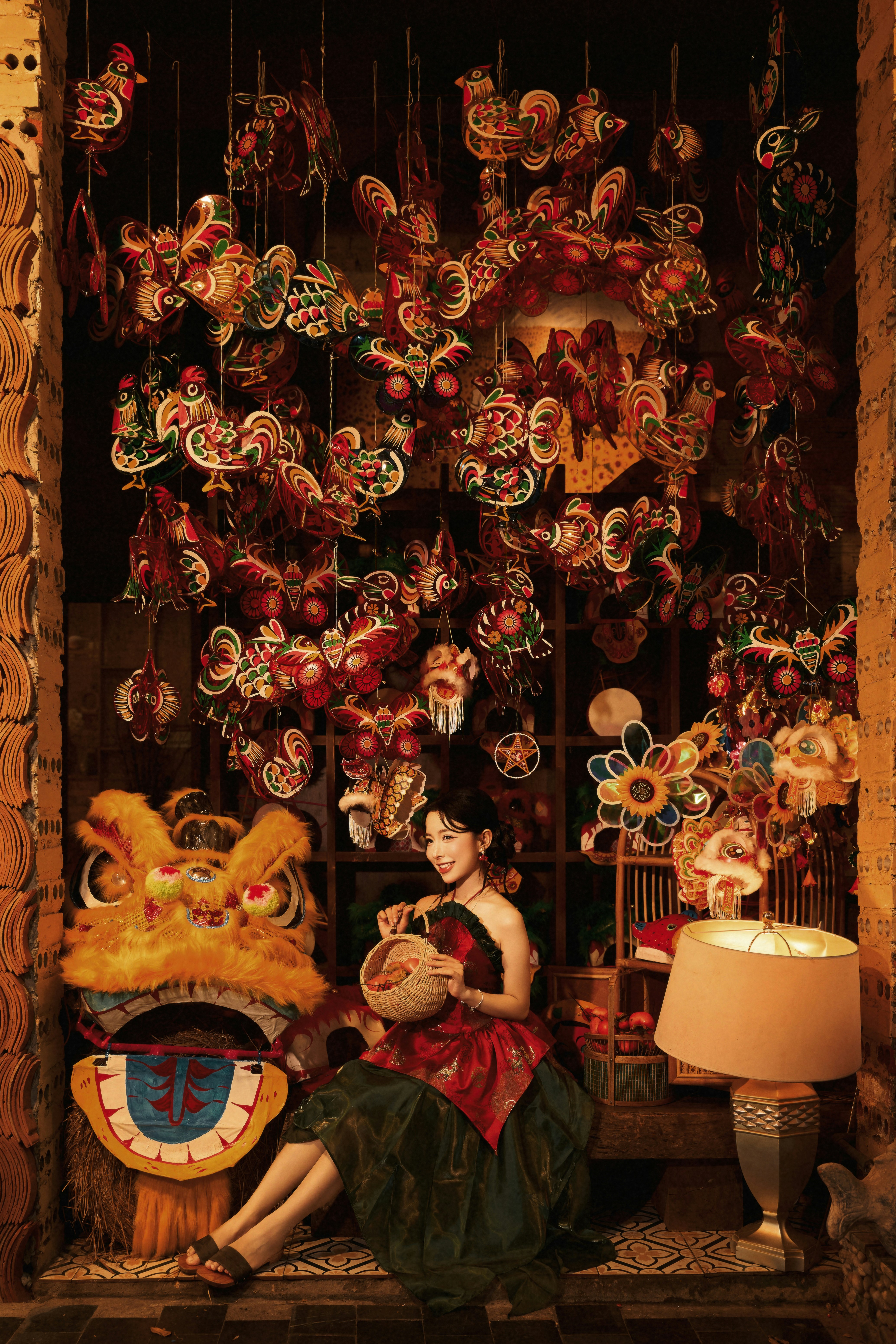 Midnight Pavilion: A Woman in Velvet Beneath Hanging Lanterns