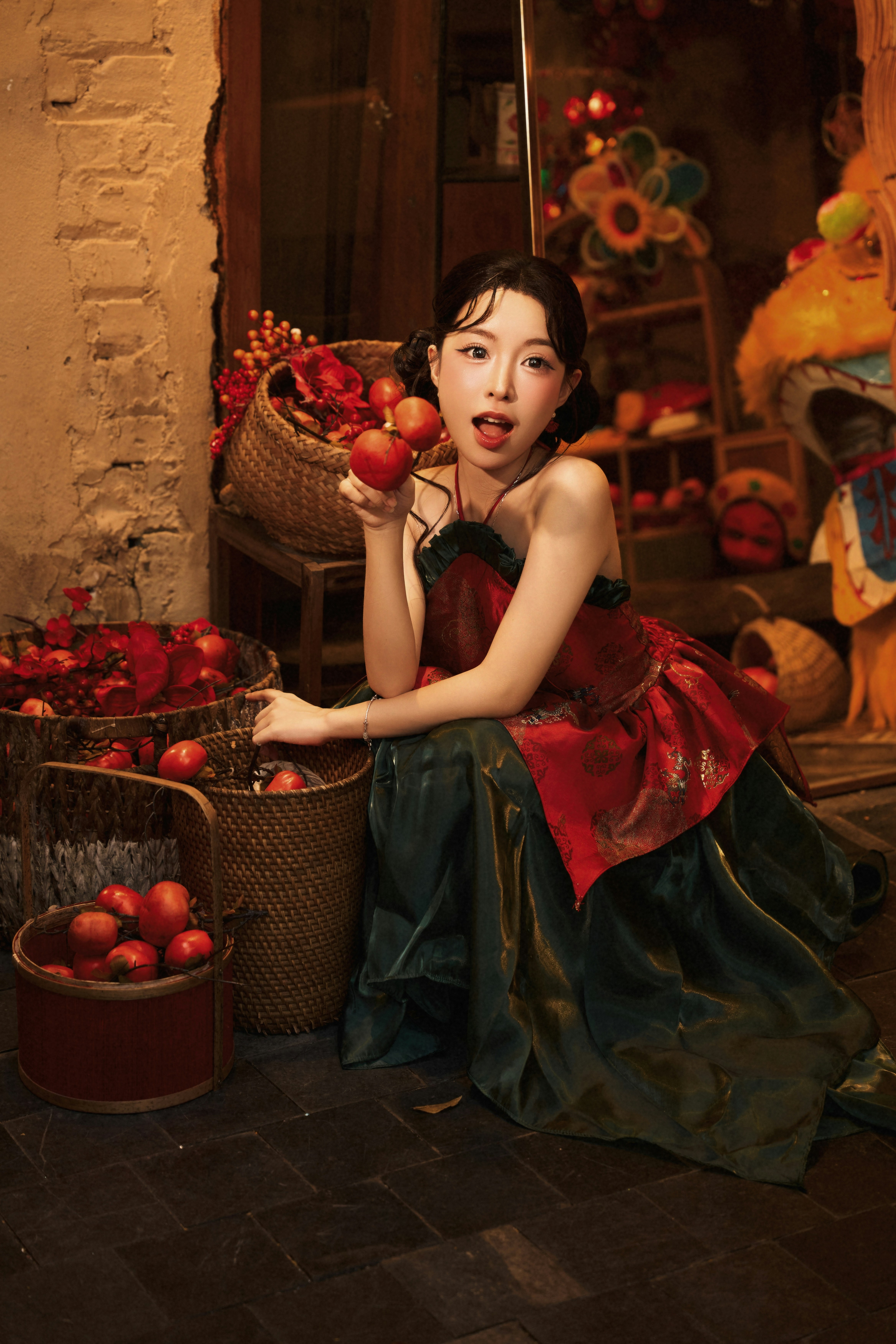 Apple-Red Velvet Moment: A Dancer in a Market of Warm Lights