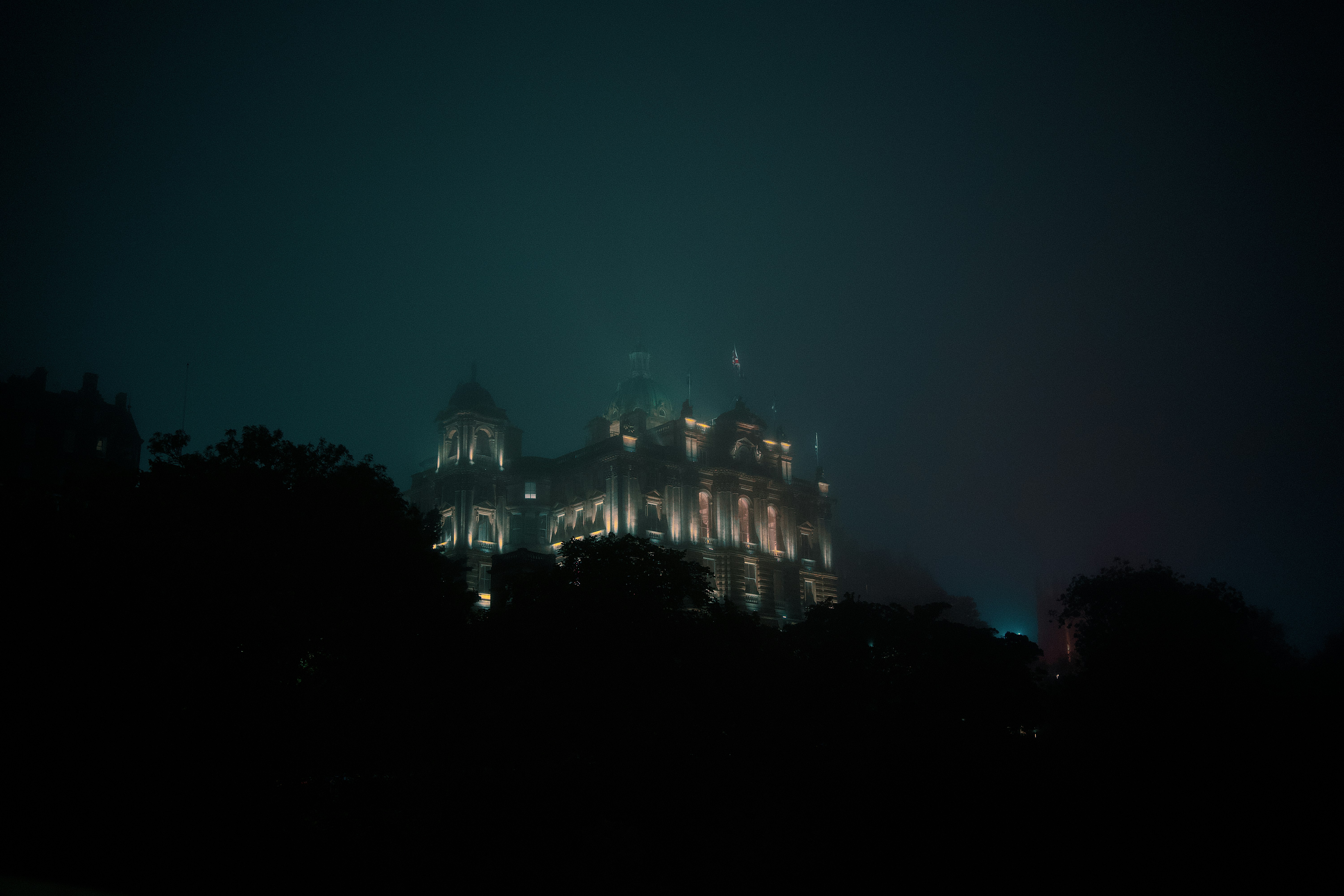 Illuminated Cathedral Rising Above Night-Scarred Trees