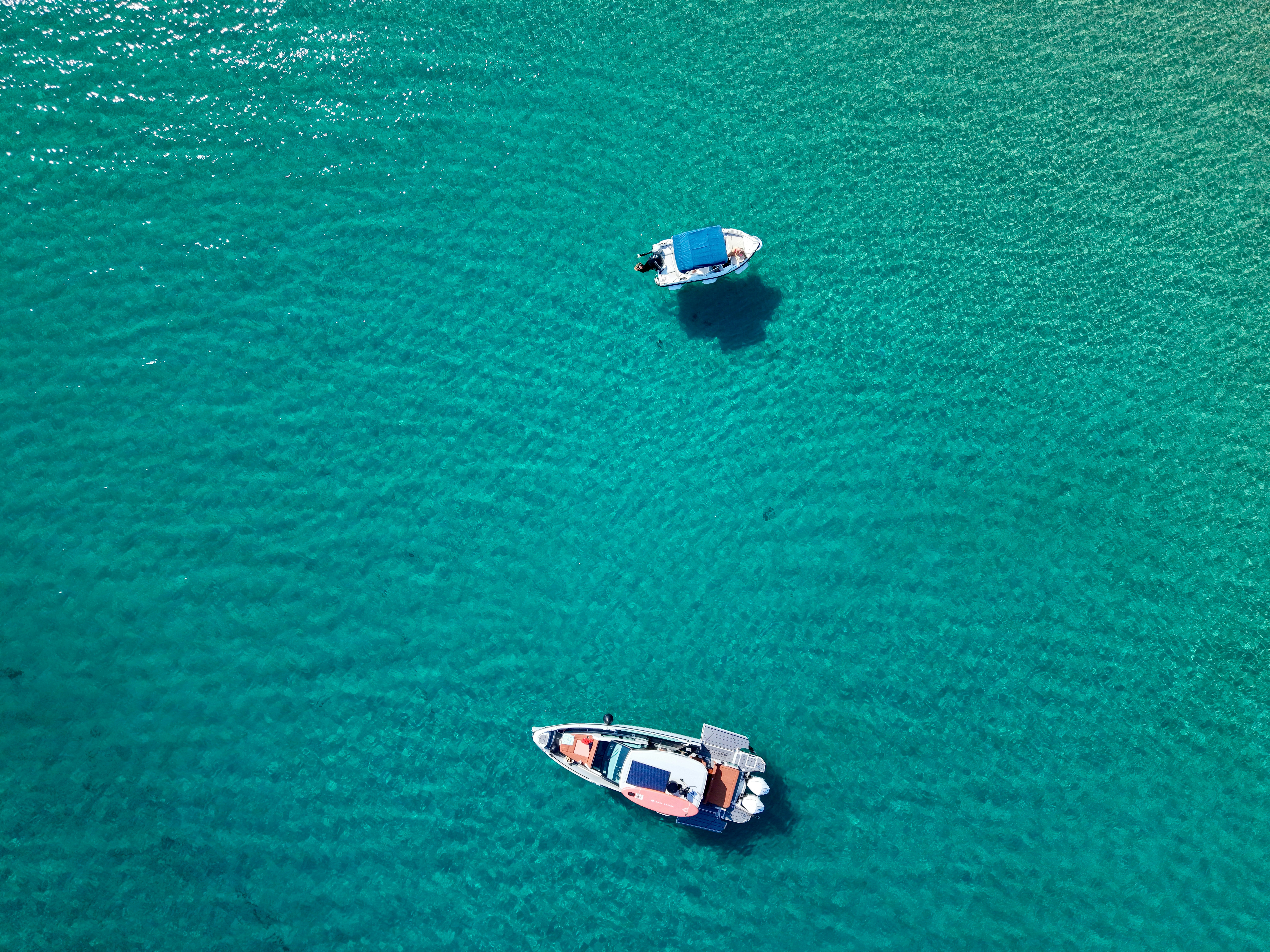 Two Boats on Teal Silence: Aerial View Over Clear Caribbean Waters
