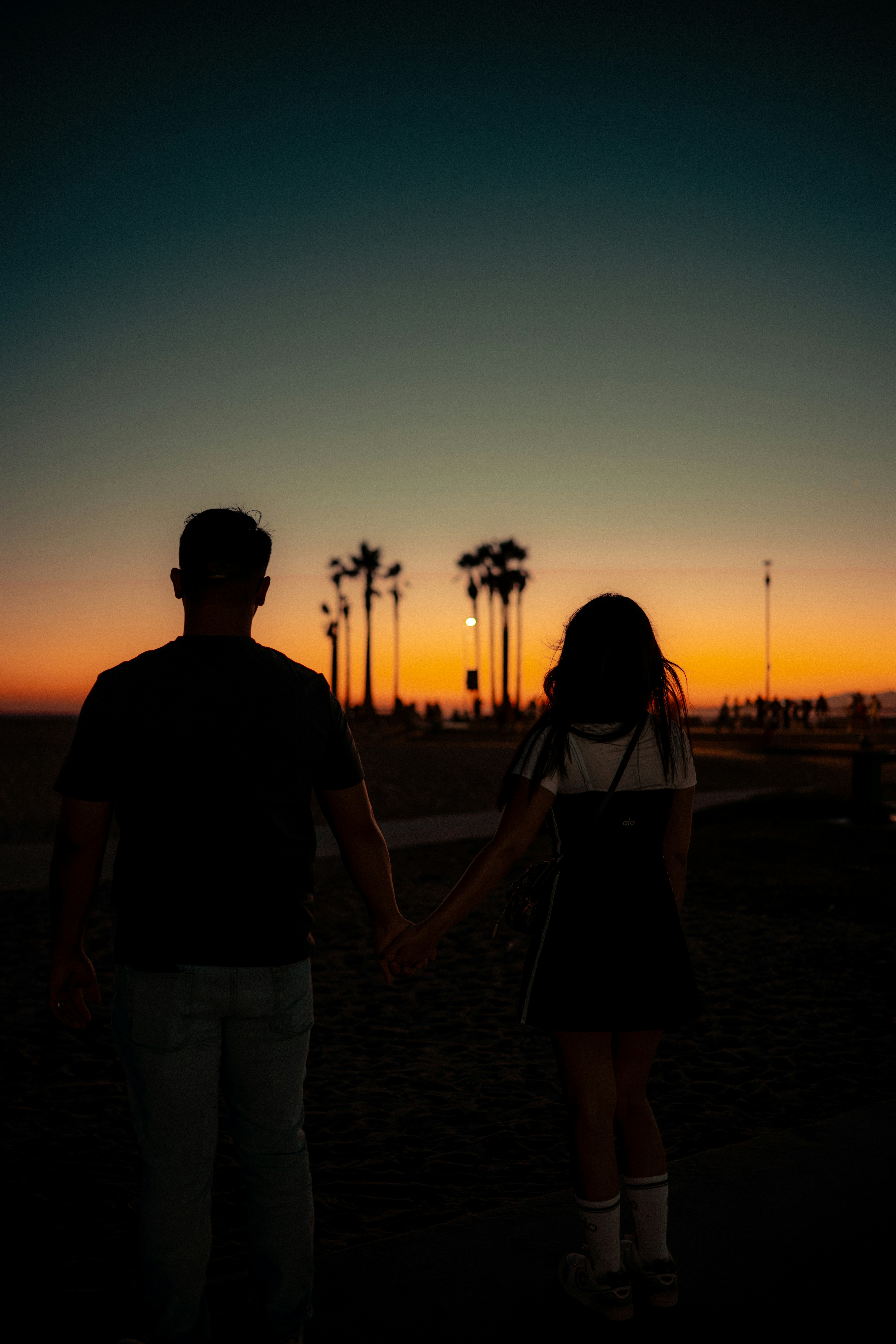 Silhouettes at Sunset: A Pair Walks Toward the Distant Palm Line