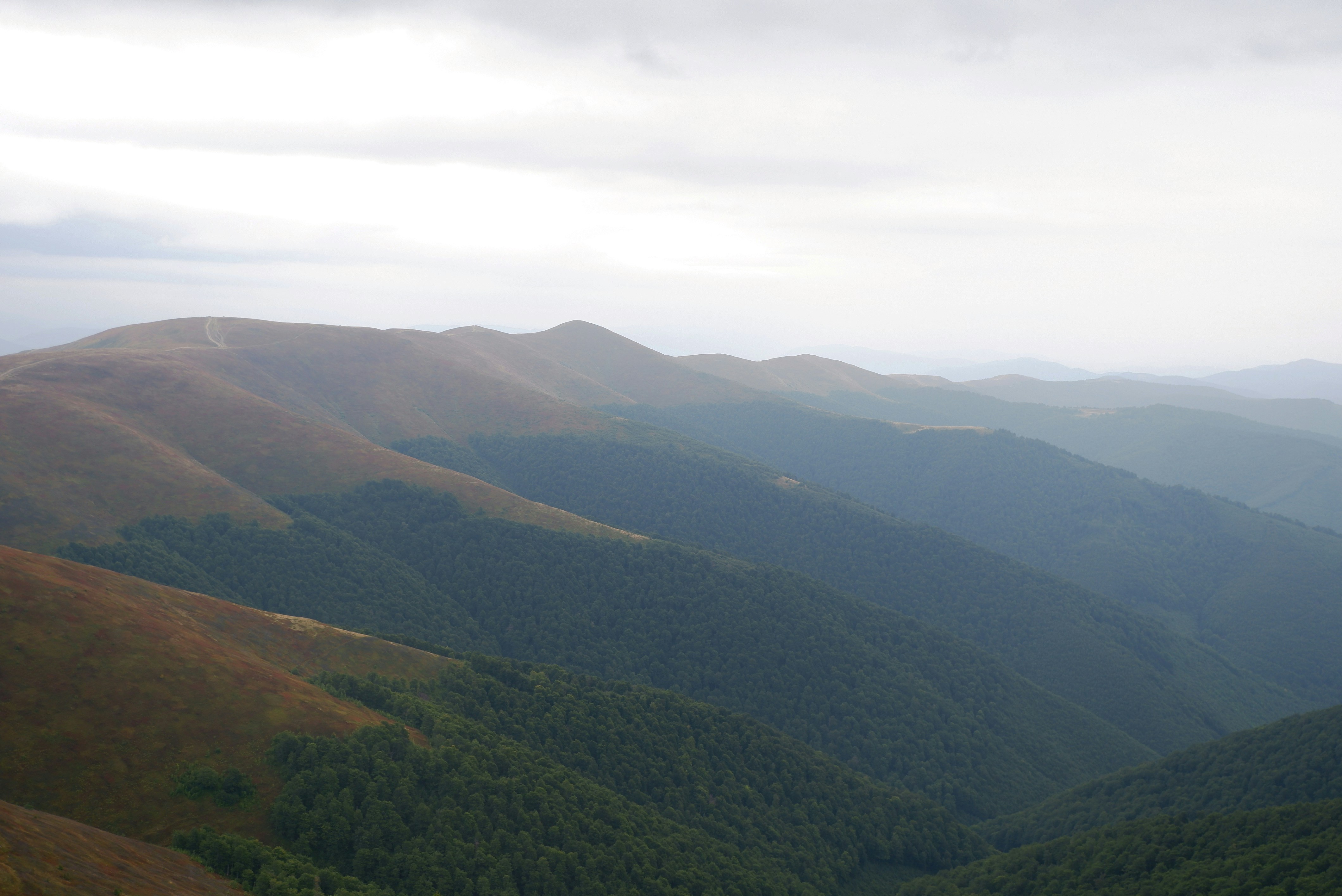 Mist over the rolling ridge: distant hills fade into blue