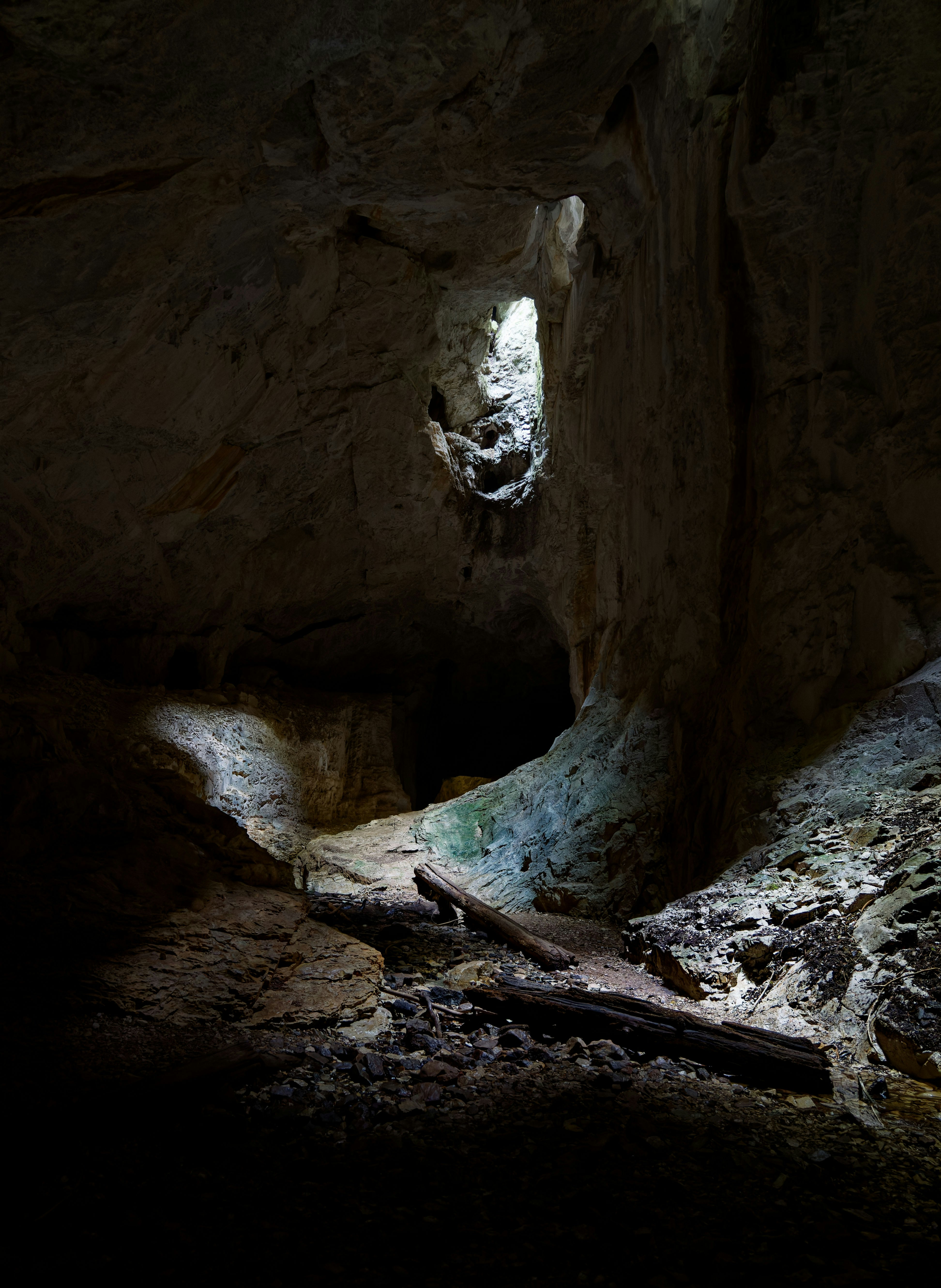 Dimly lit cave interior with a narrow opening letting in a pale beam of light; rugged rock walls and a weathered log on the cave floor. (Photo is a natural environment capture, not a logo or illustration.)