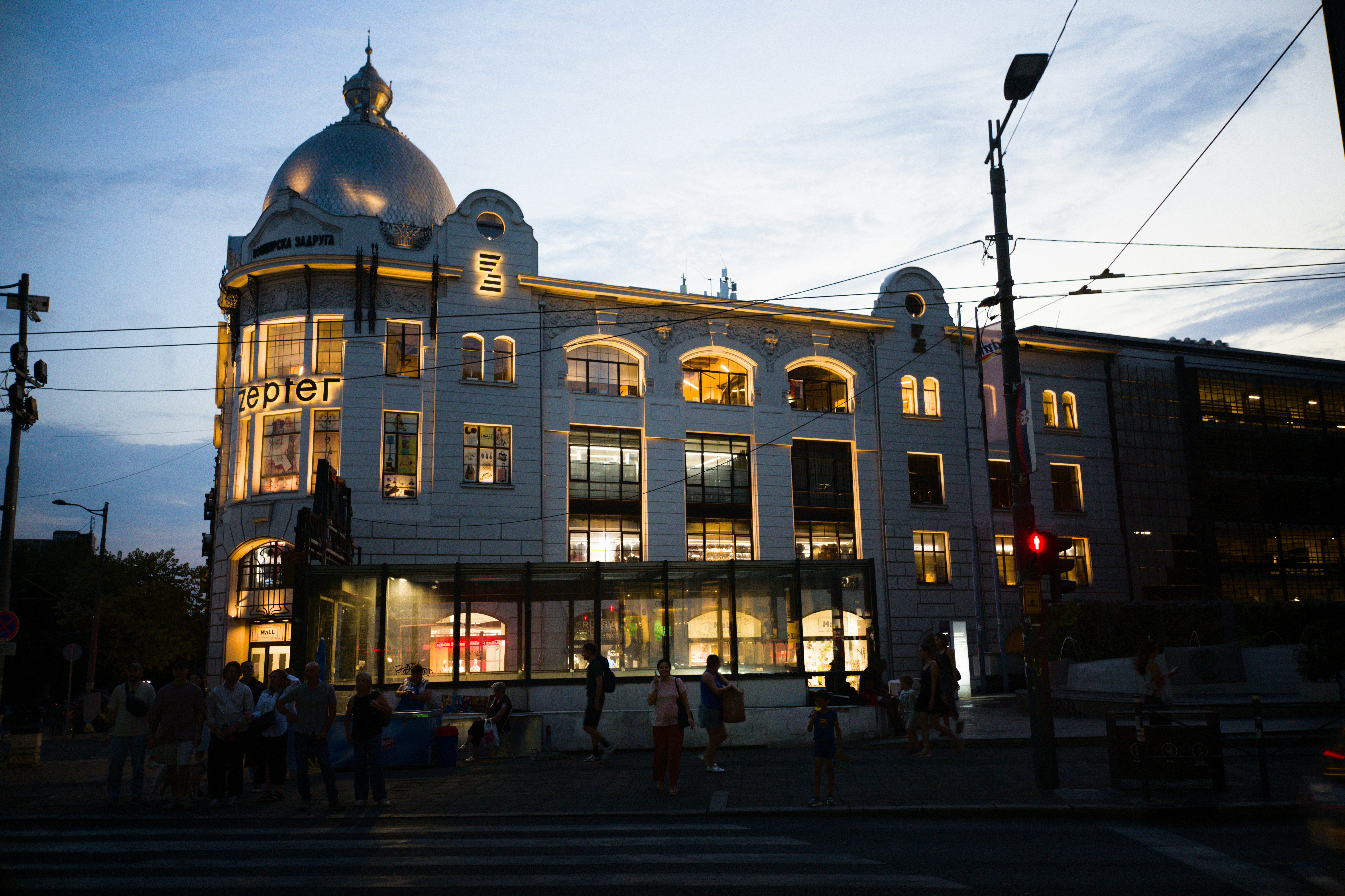 Illuminated Art Deco Facade at Dusk