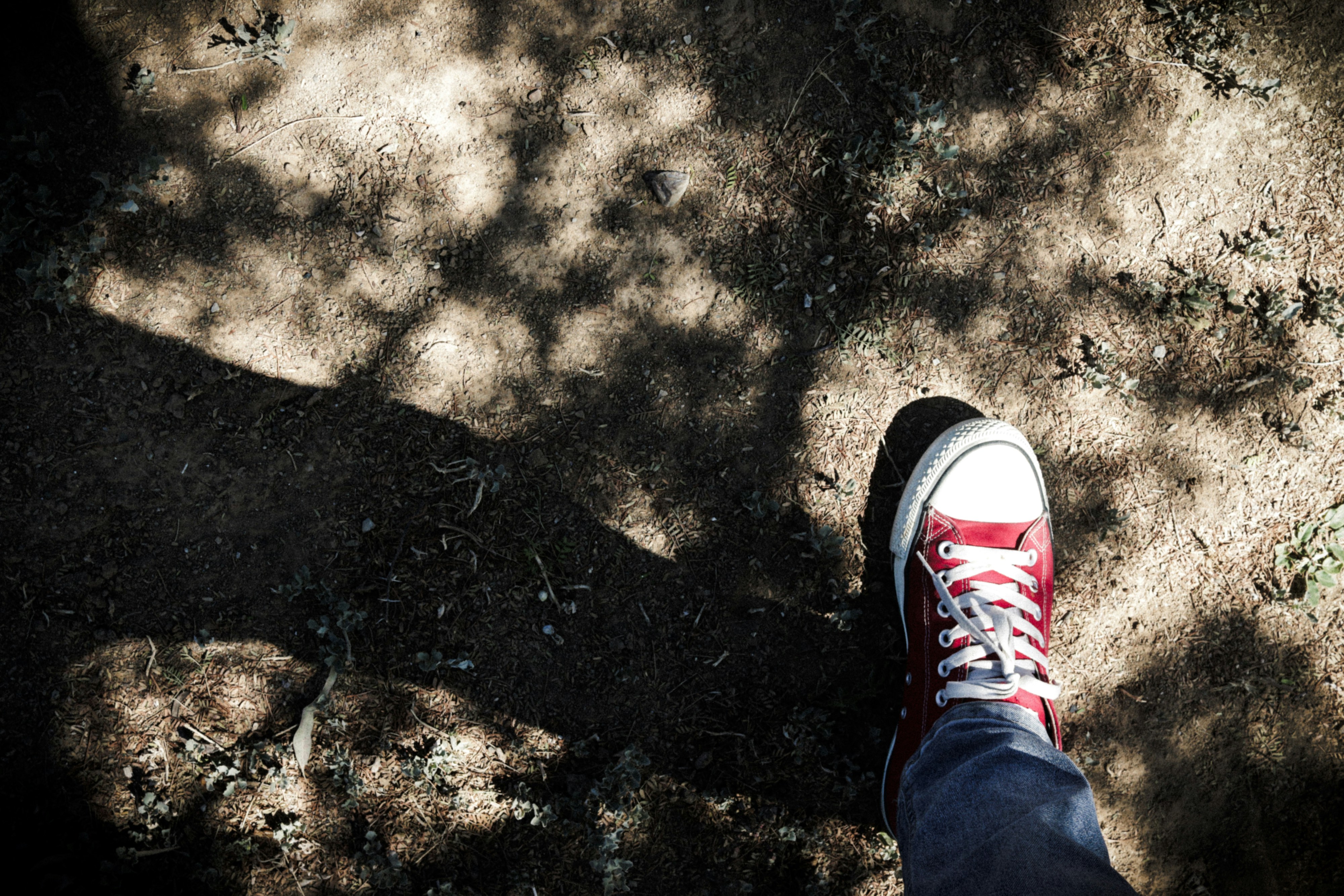 Red sneaker stepping through sun-dappled dirt and shadows, with jeans visible; a candid street-ready moment emphasizing texture and light. (Logo/brand not identifiable.)