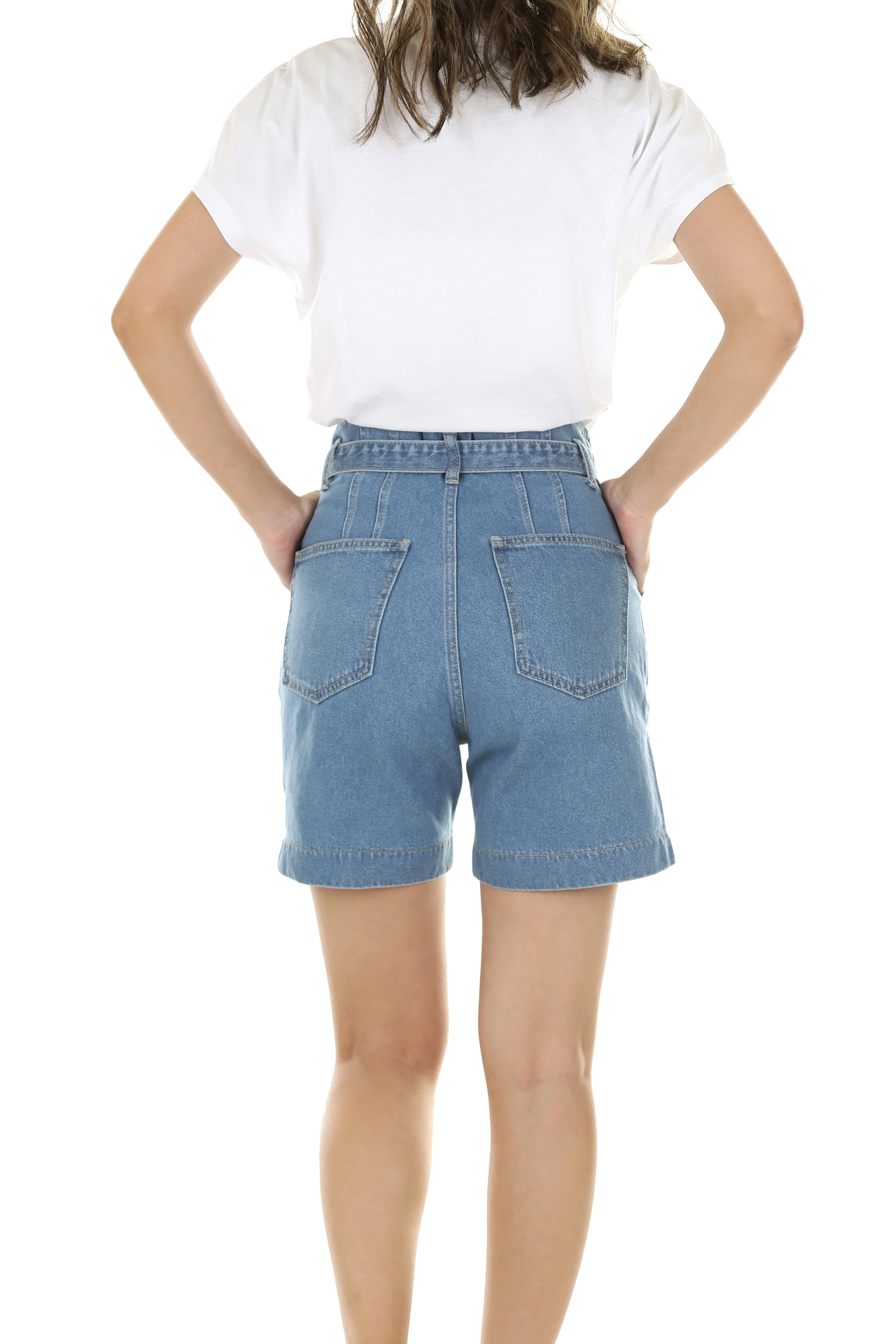 Back View of Casual Denim Shorts-Clad Figure from Waist to Knees