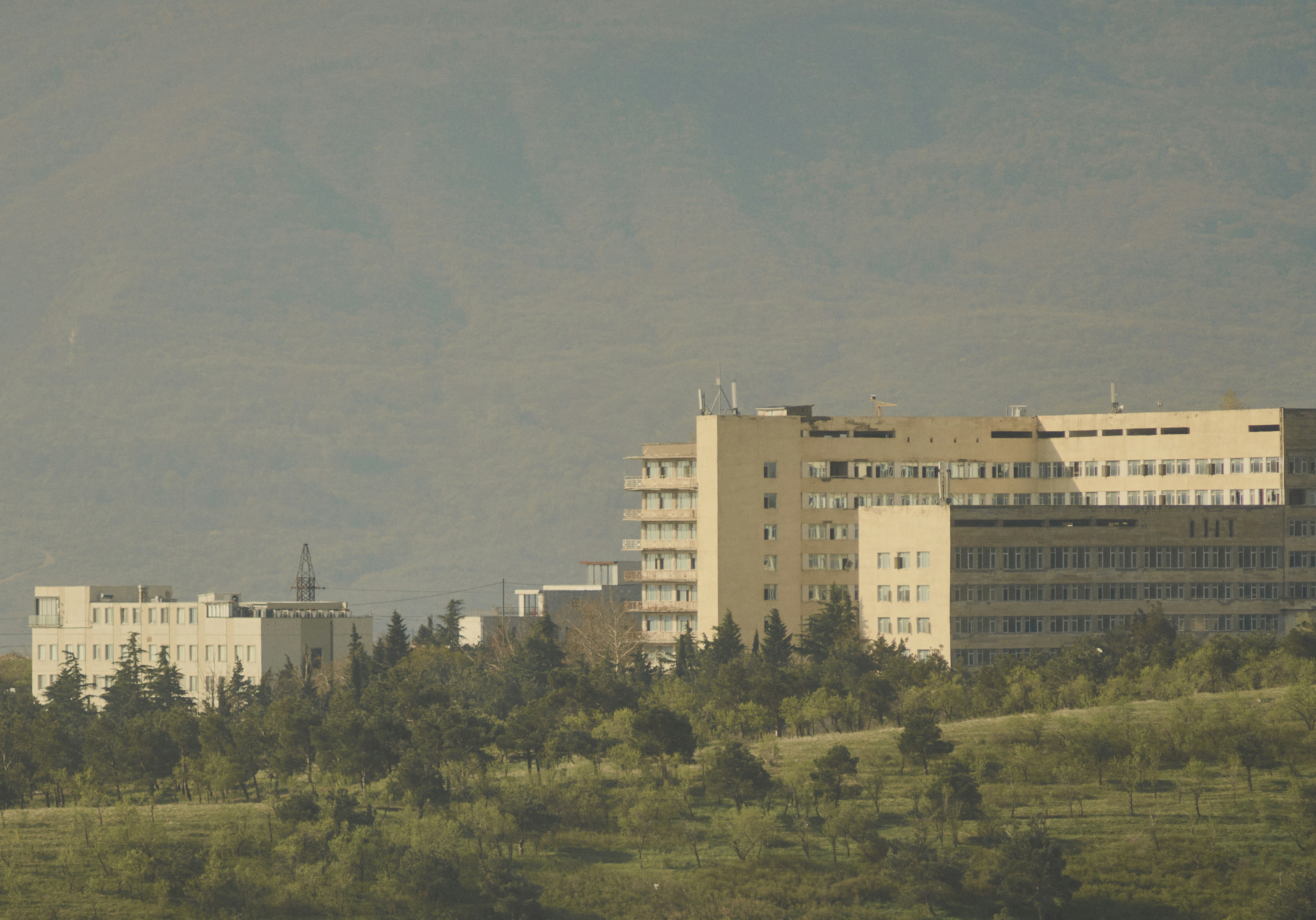 Wide shot of a mid-rise building complex perched above a tree-covered hill, with muted colors and a distant horizon.