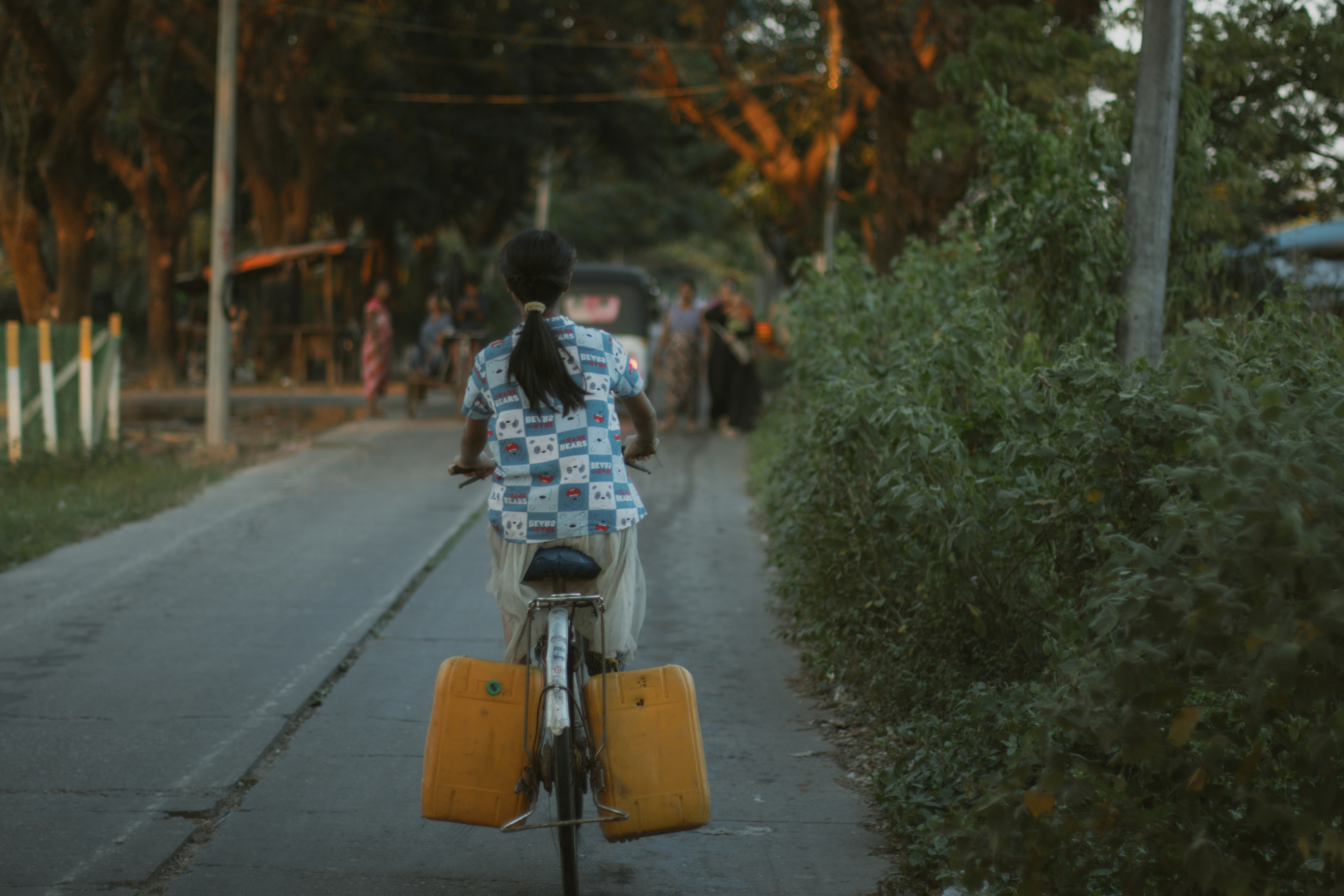 Evening Ride: A Lone Cyclist Traverses a Quiet Street