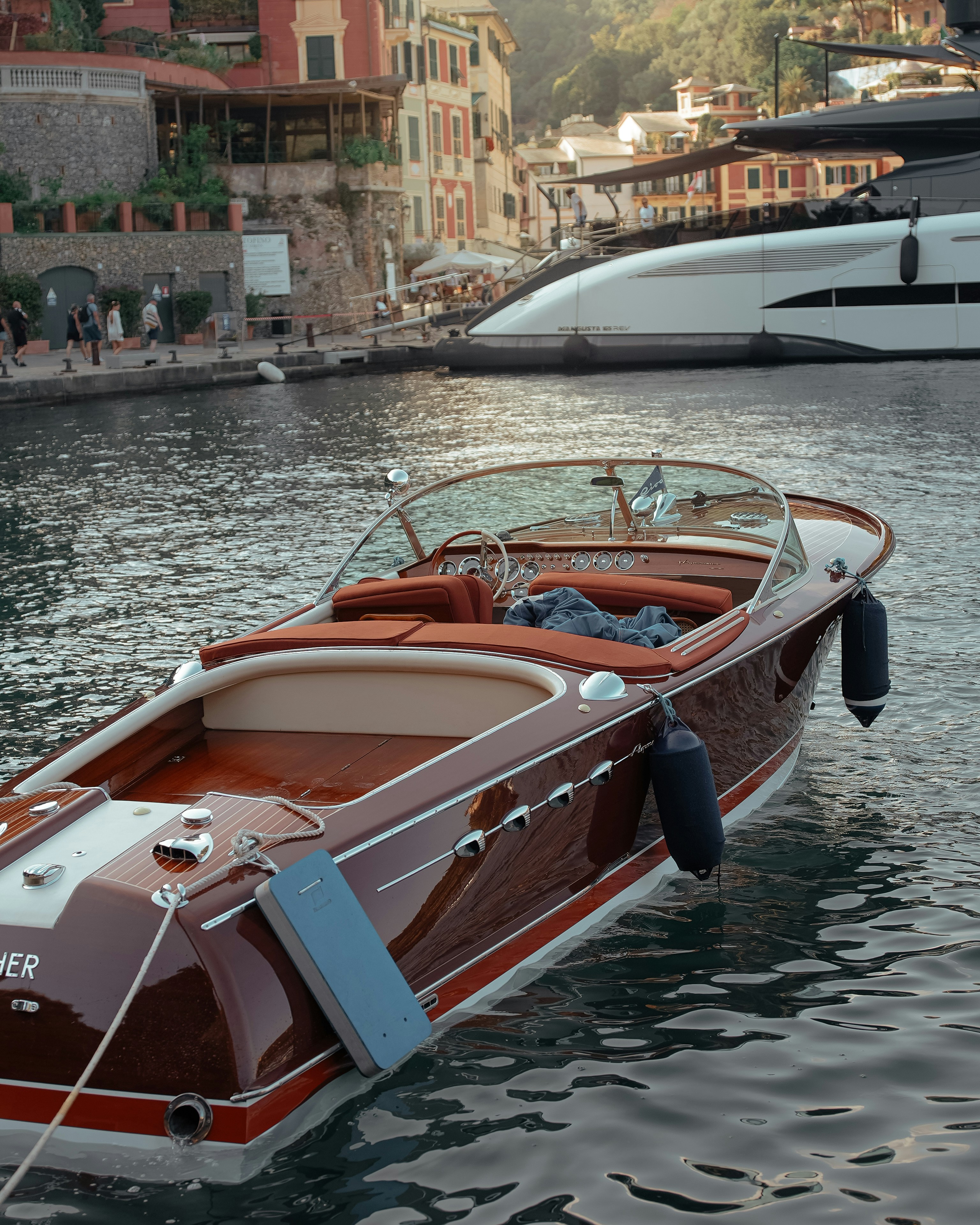 Polished Wooden Speedboat at a Mediterranean Harbor