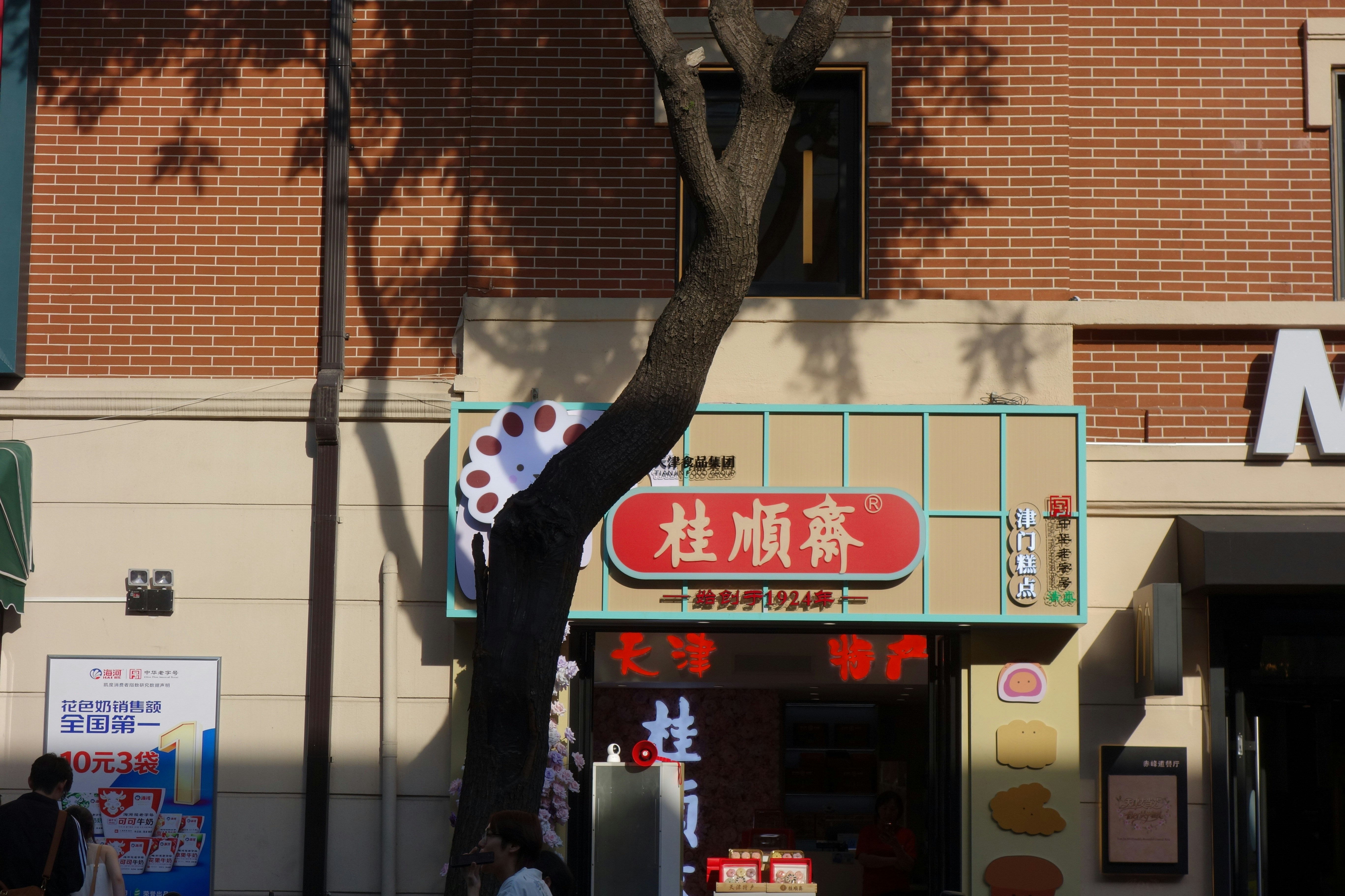 Restaurant Signage Framing a Tree in an Urban Facade