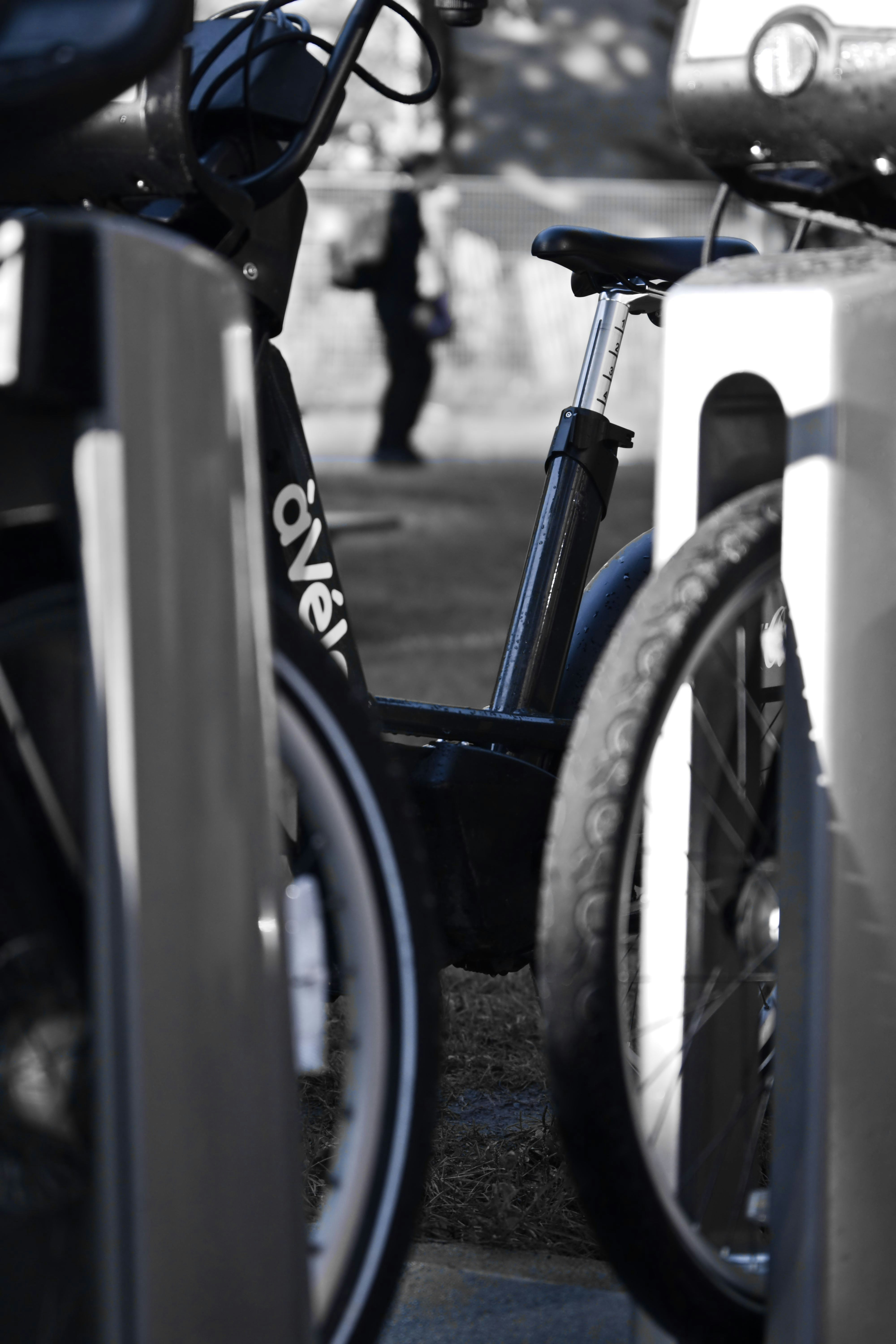 A Quiet Pause Between Rides: Urban Bicycle Frame Framed by Parked Bikes