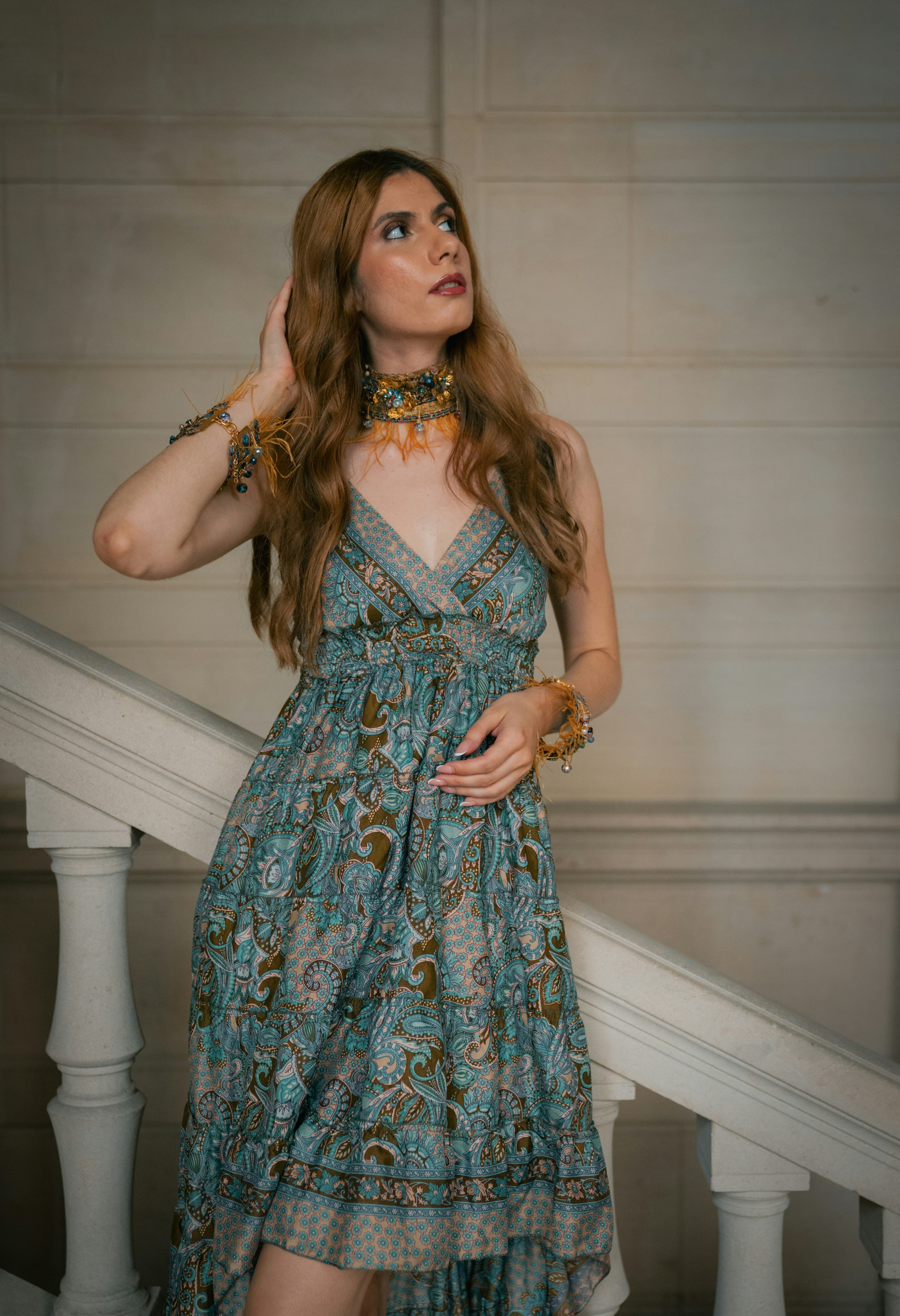 Azure Paisley: A Gracious Moment on the Staircase