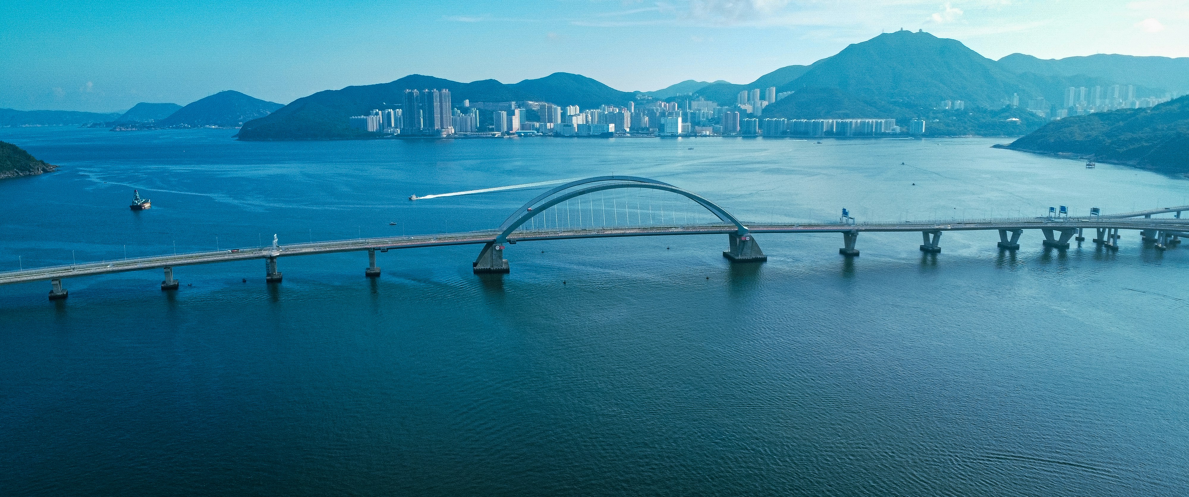 A sweeping bridge arcs across a calm bay with a distant skyline and rolling hills on the horizon; a serene urban-water portrait in cool tones.
