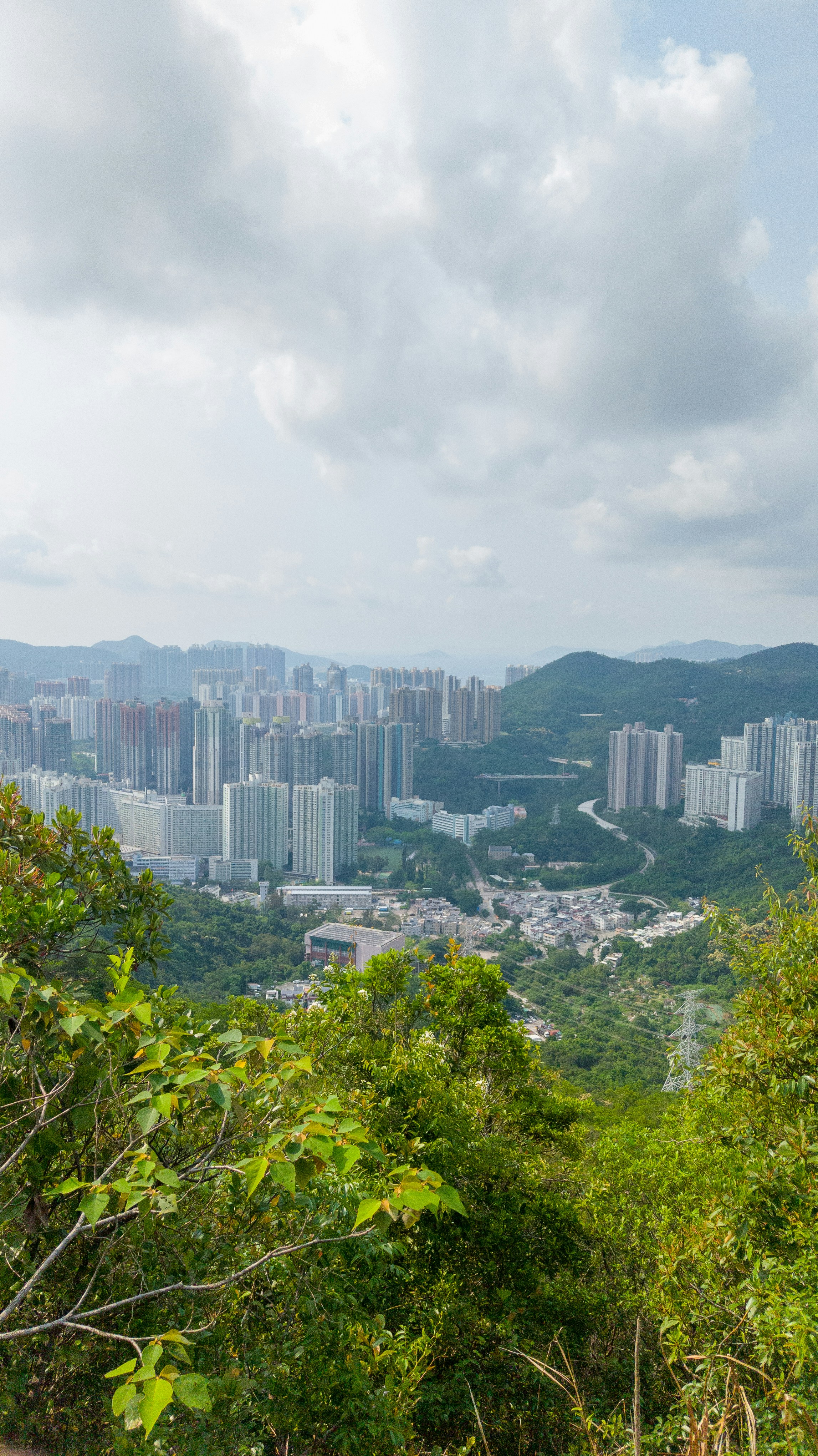 Sunlit city skyline peeks over verdant slopes, with high-rise clusters arranged behind rolling hills under a partly cloudy sky.