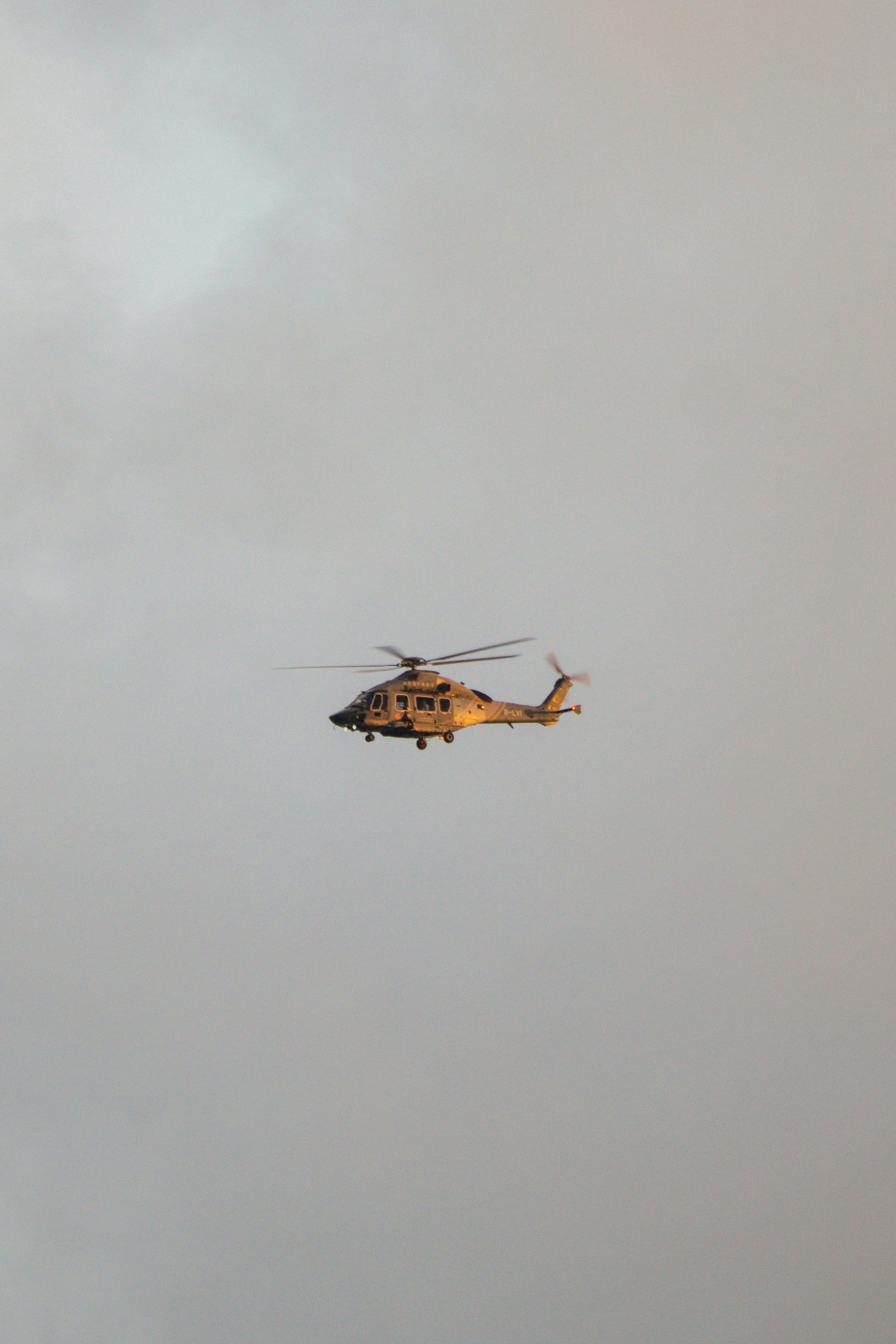 Helicopter in calm skies: a lone rotorcraft mid-flight