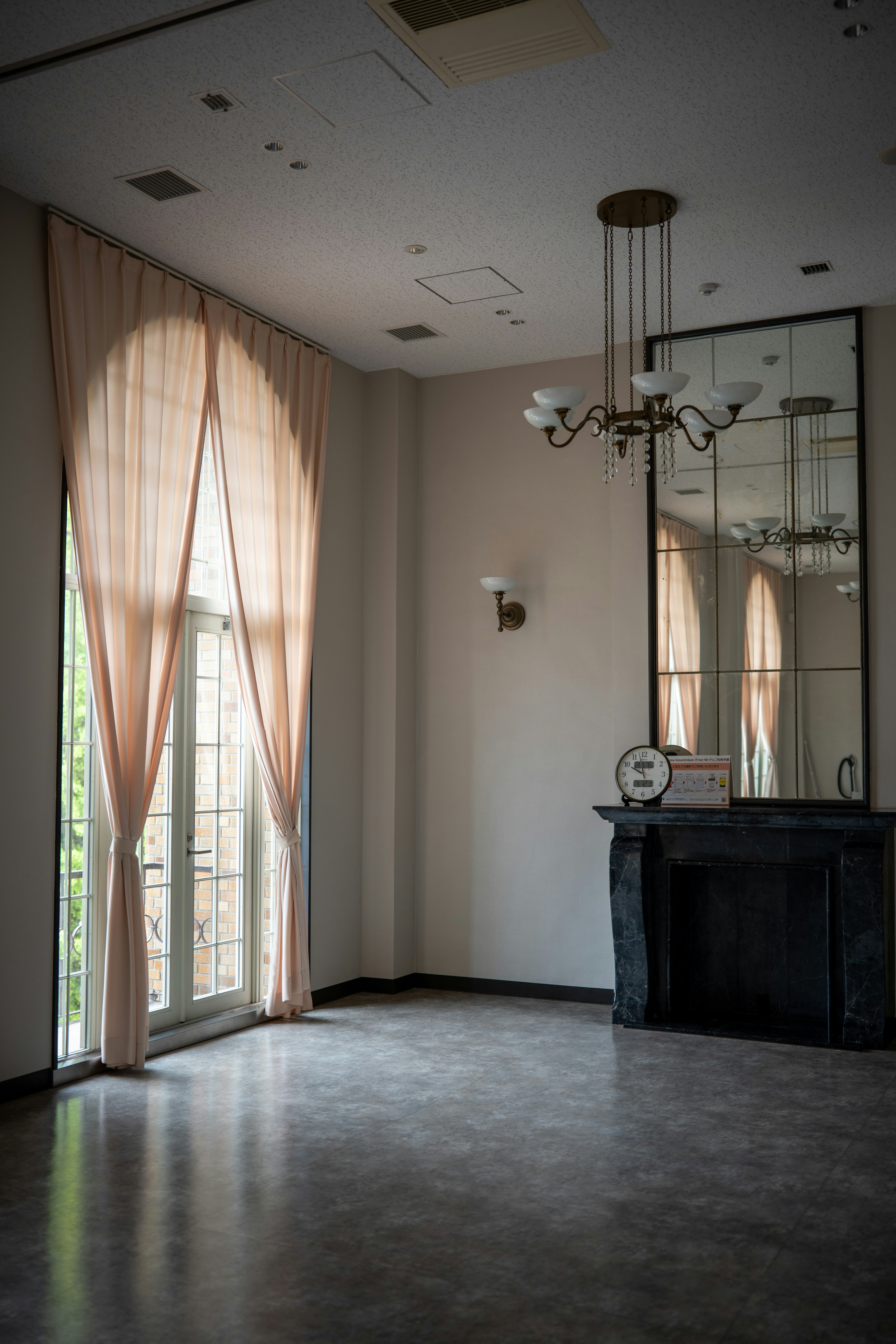 Sunlit Elegance: A Quiet Chateau-like Interior with Soft Drapery and Mirror Facade
