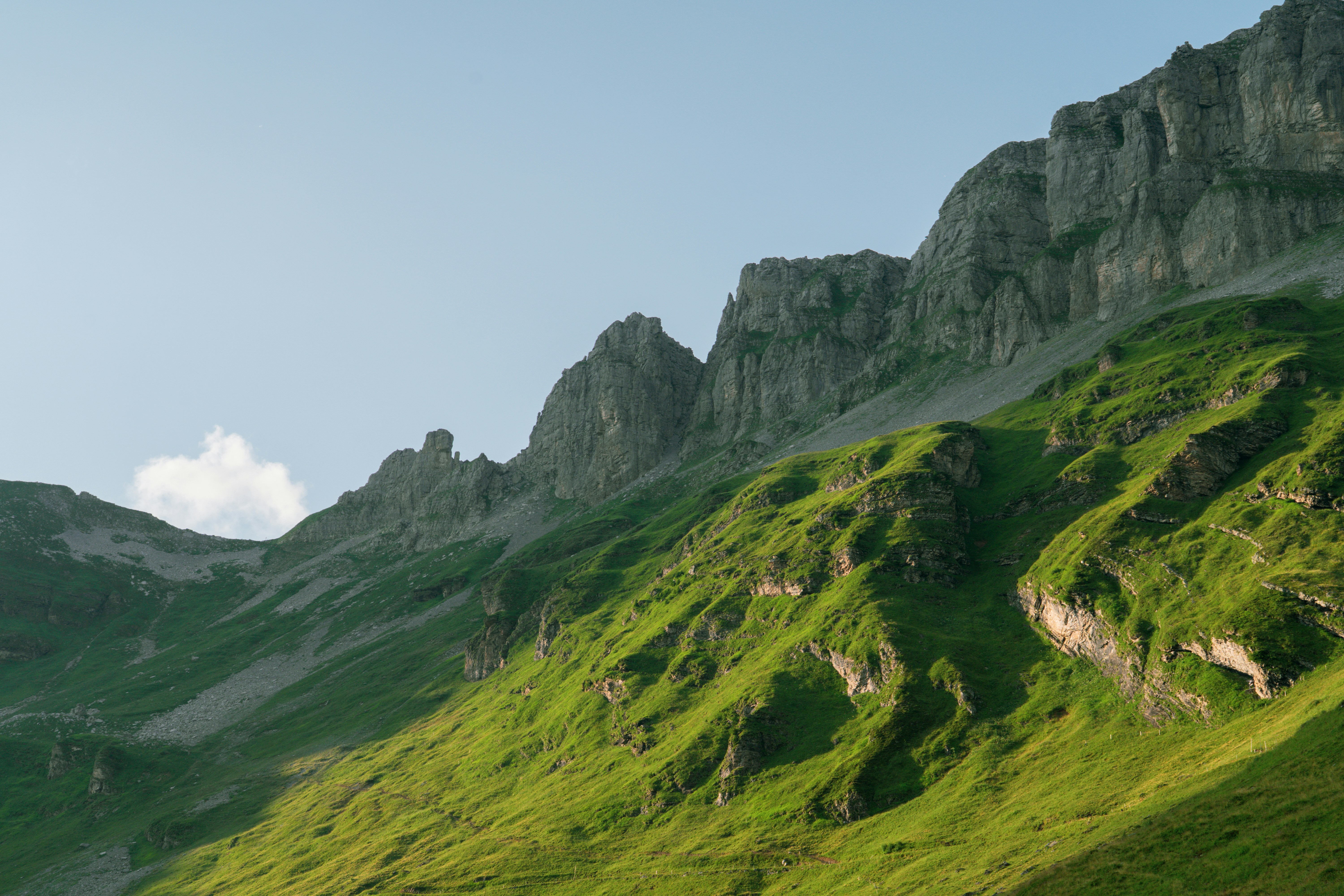 Green-clad ridges beneath rocky peaks under a clear sky