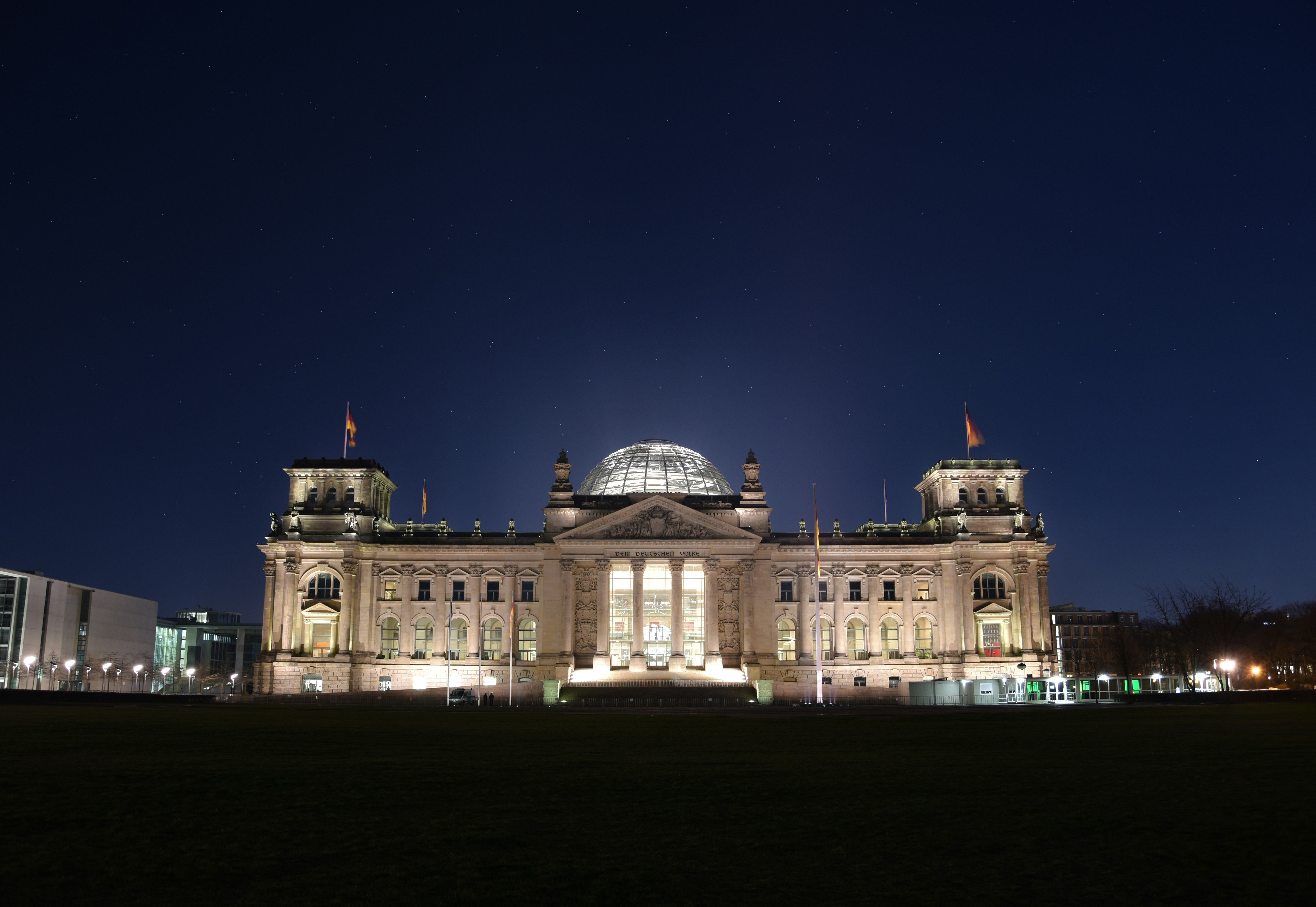 Moonlit Reichstag: Lanterns and Glass under a Starry Night