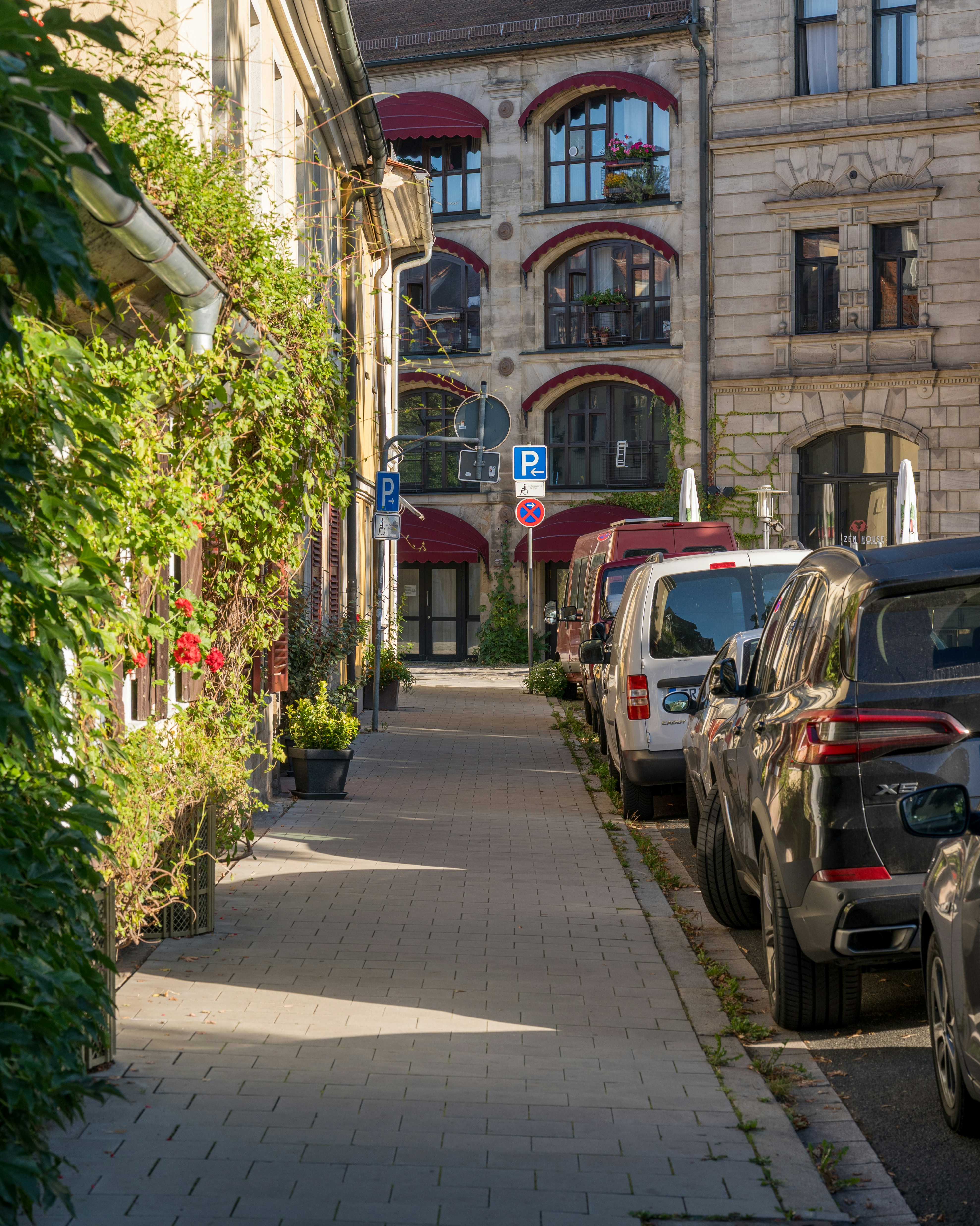 Sunlit European Street: Architecture, Cars, and Greenery