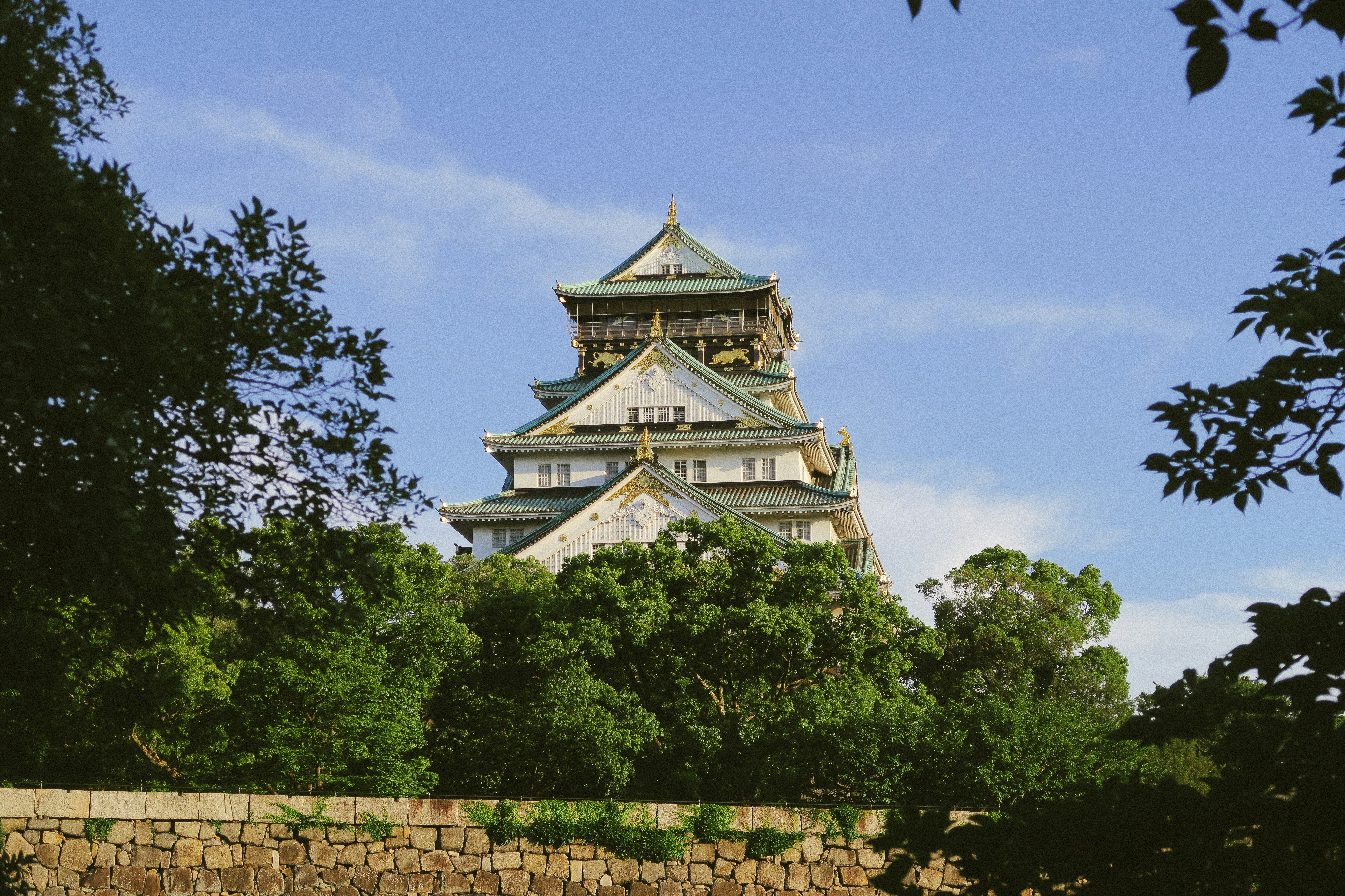 Emerald Keep Rising: A Panoramic View of a Japanese Castle Surrounded by Greenwood