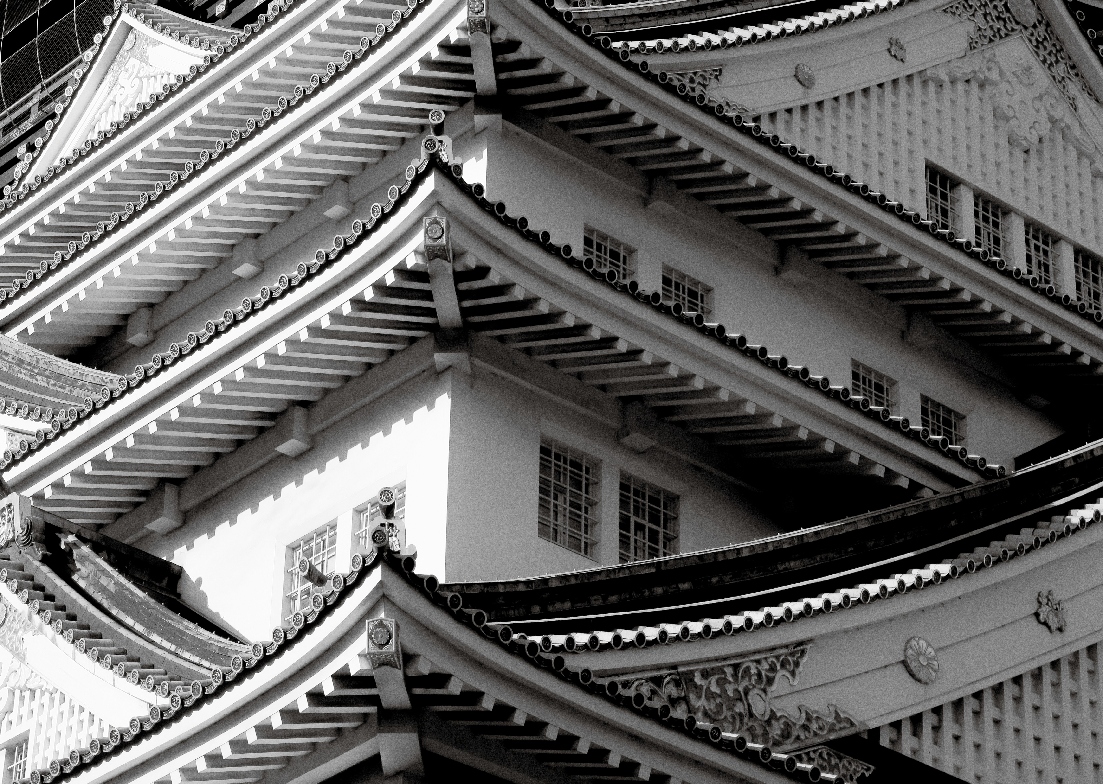 Layered Facade: Enigmatic Japanese Style Roofing in Monochrome