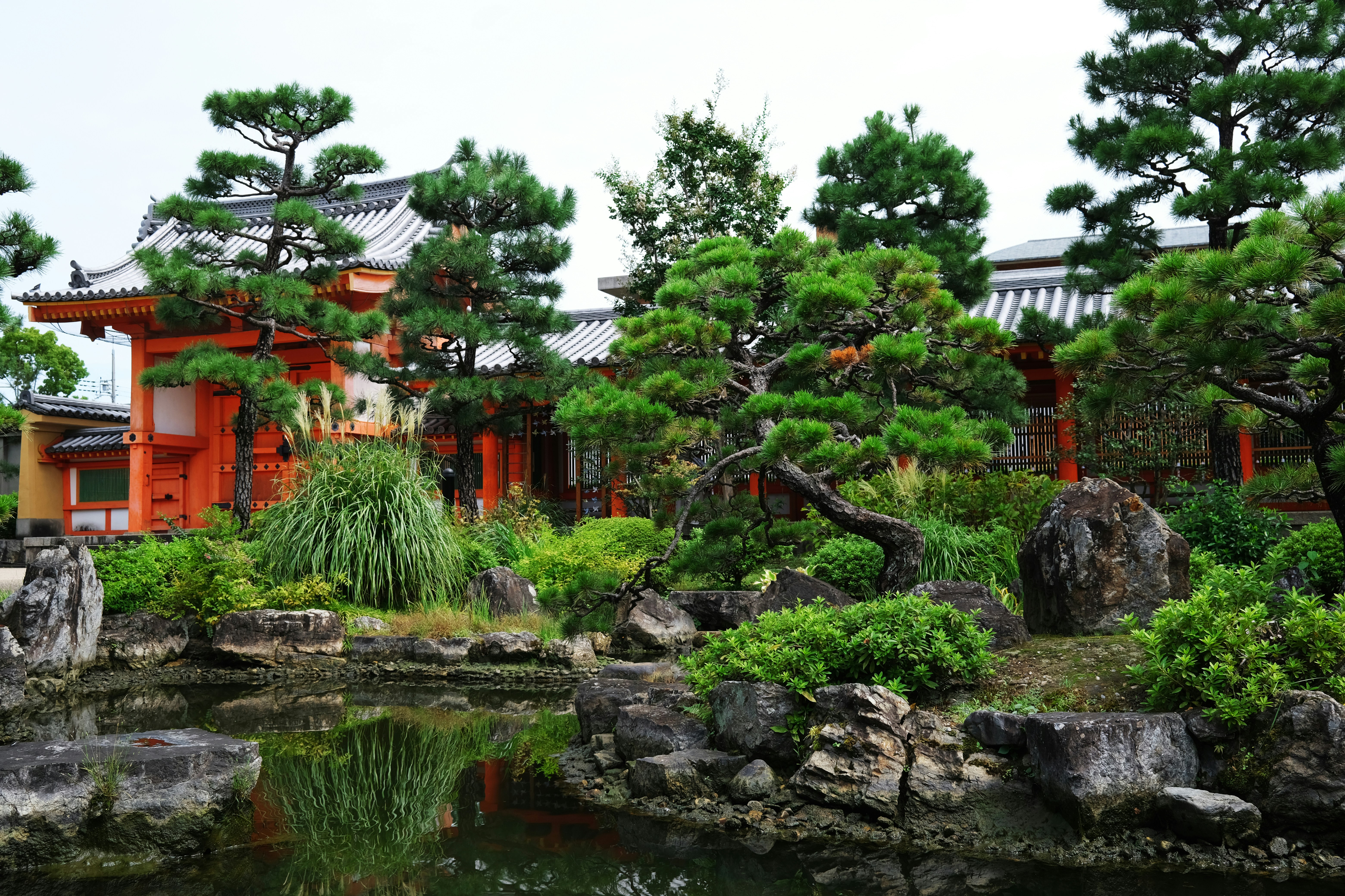 Red Pavilion by Tranquil Pond: A Zen Garden in Bloom