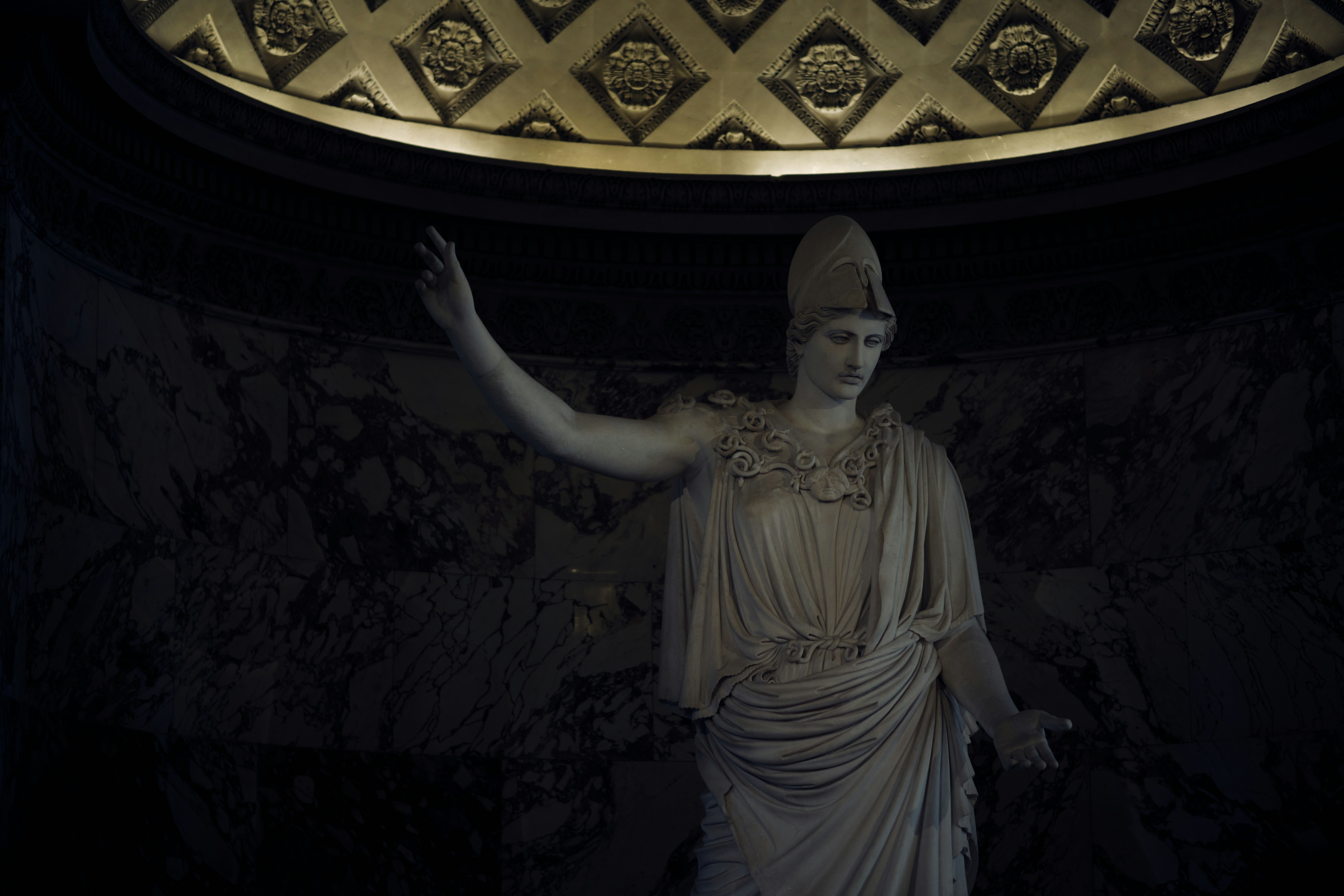 Quiet Marble Sentinel Under Dim Arch Light
