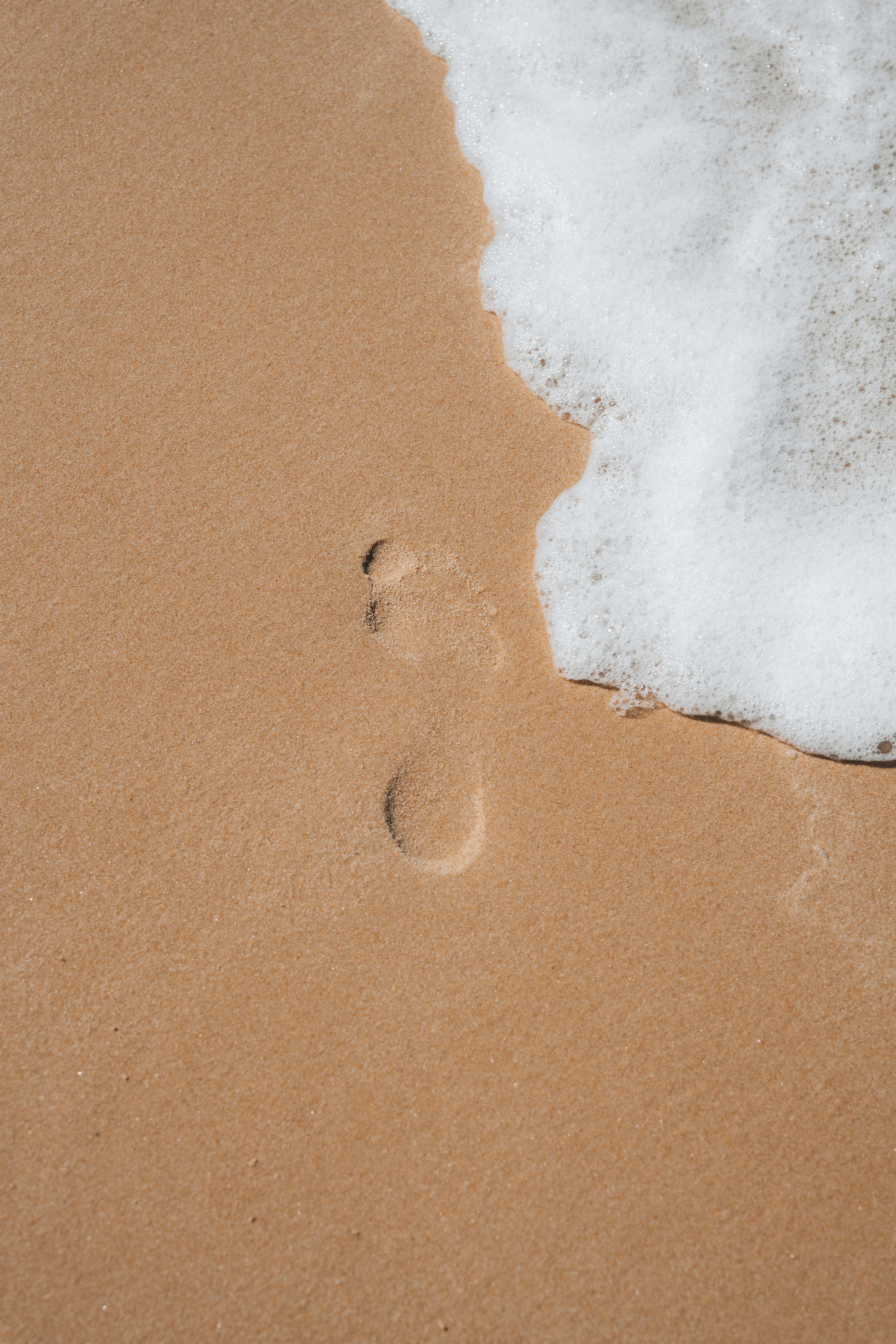 Footprints in Wet Sand Meet the Tide’s Edge