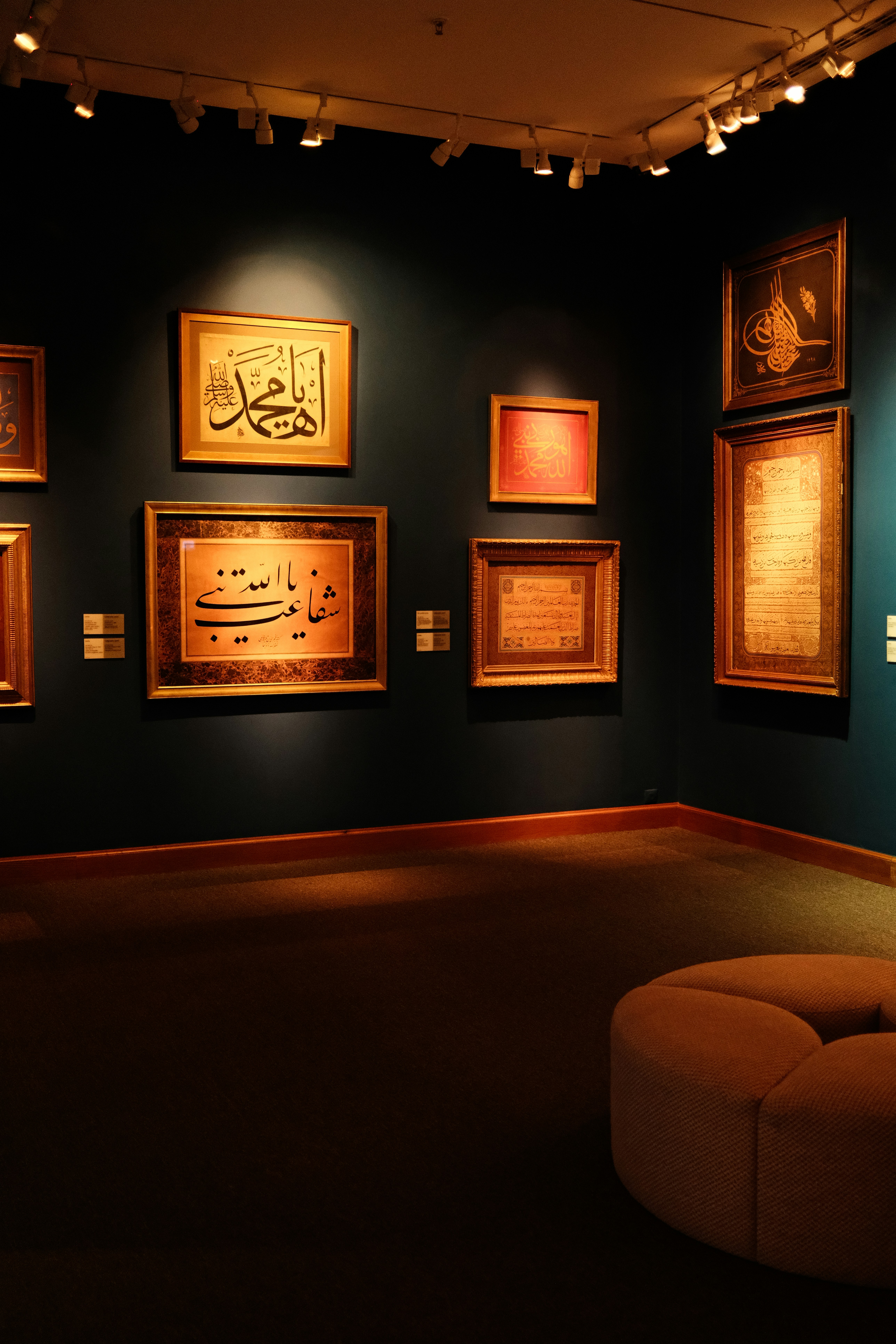 Gold-Frame Echoes: Calligraphy on a Darkened Gallery Wall