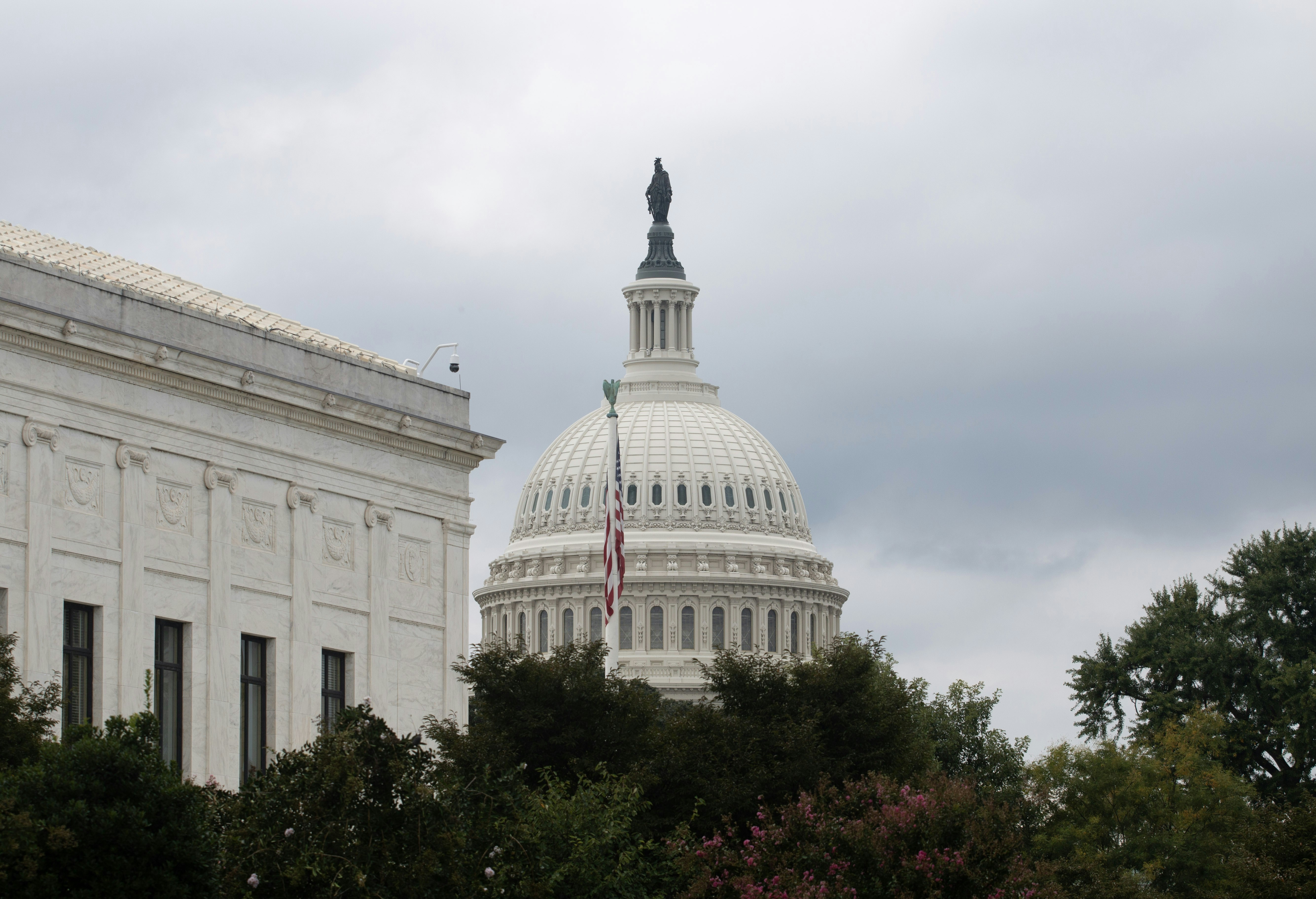Capitol in the Clouds: Dome and Flag Amid Urban Greens
