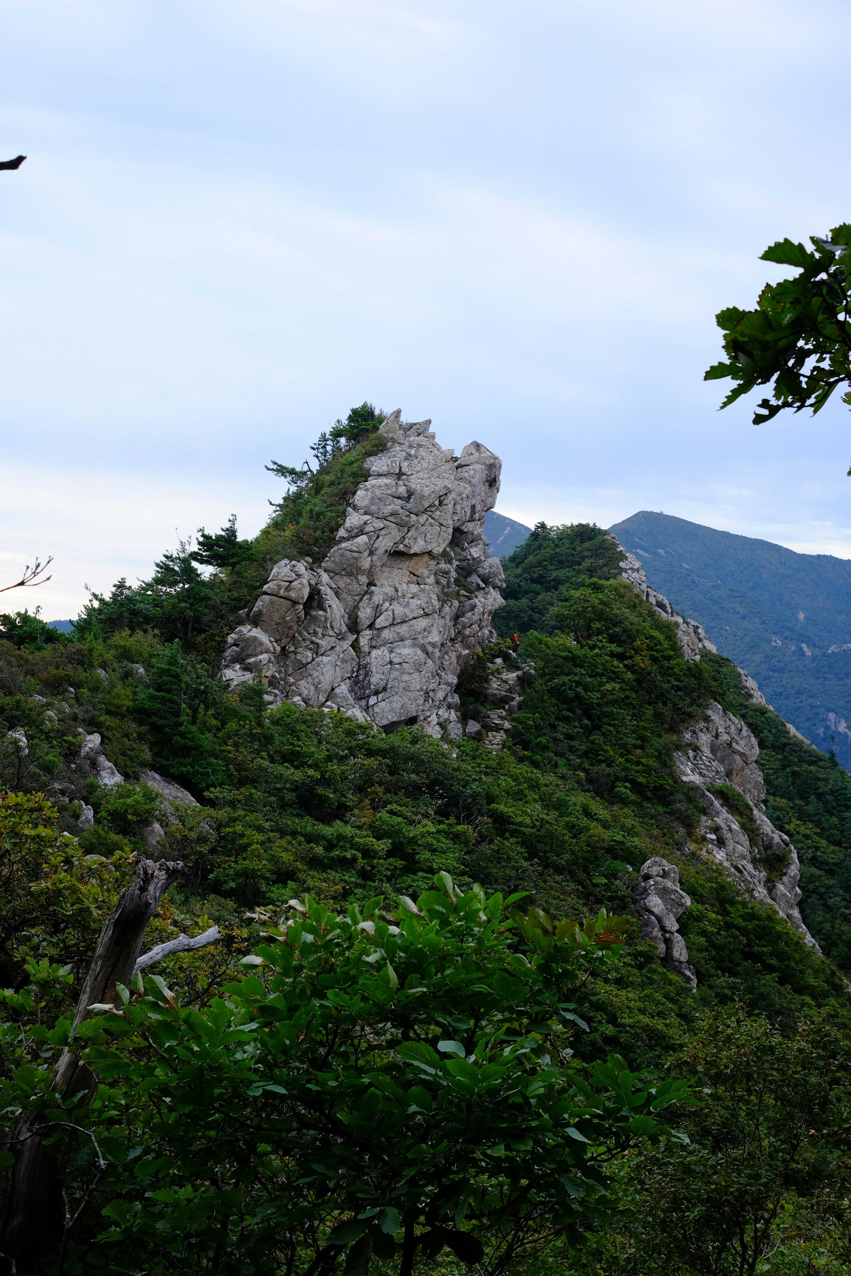 Stone Sentinel: A jagged peak pierces a green hillside under a calm sky