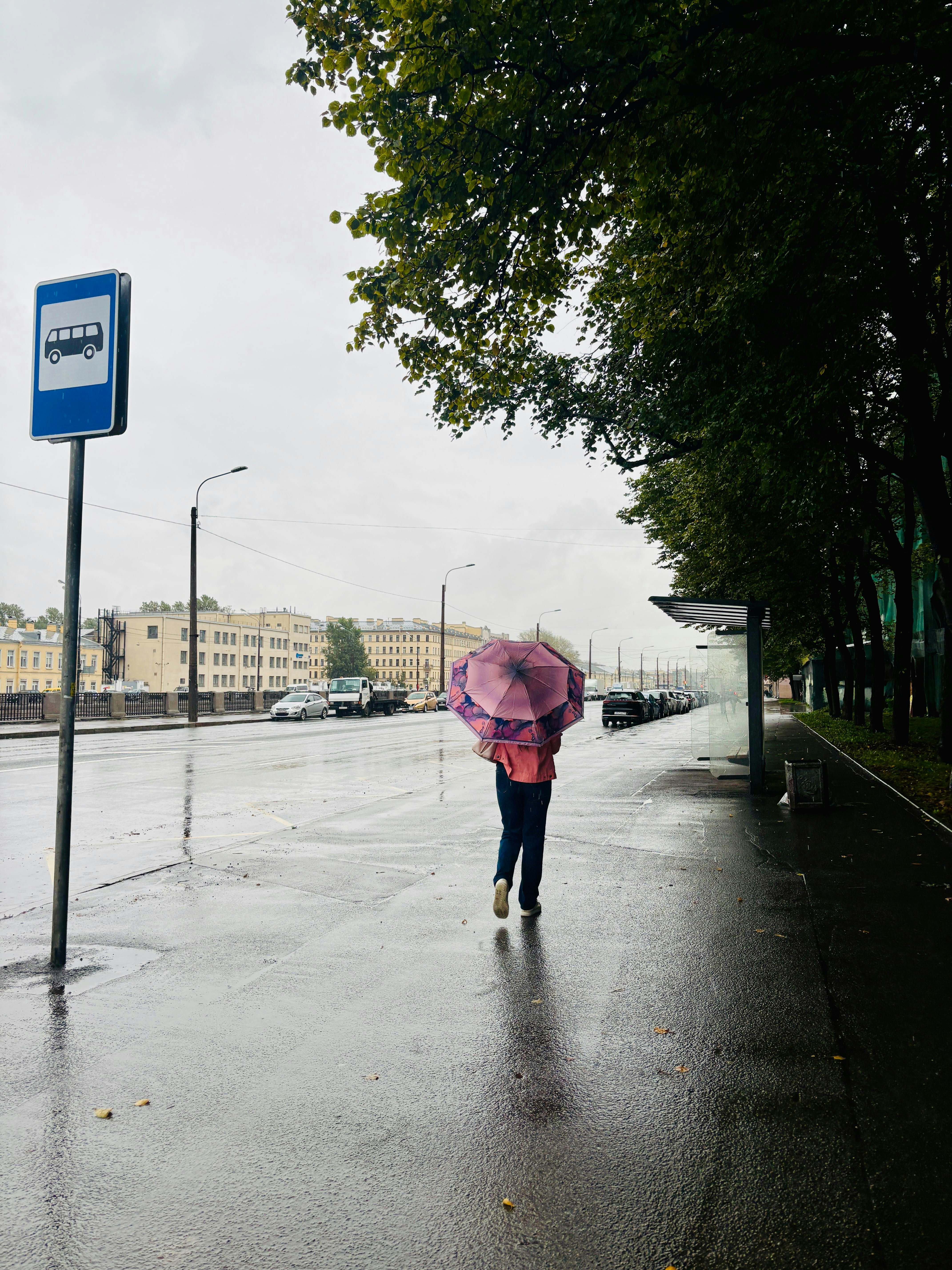 Rain-Kissed Street: A Lone Pedestrian Under a Pink Umbrella