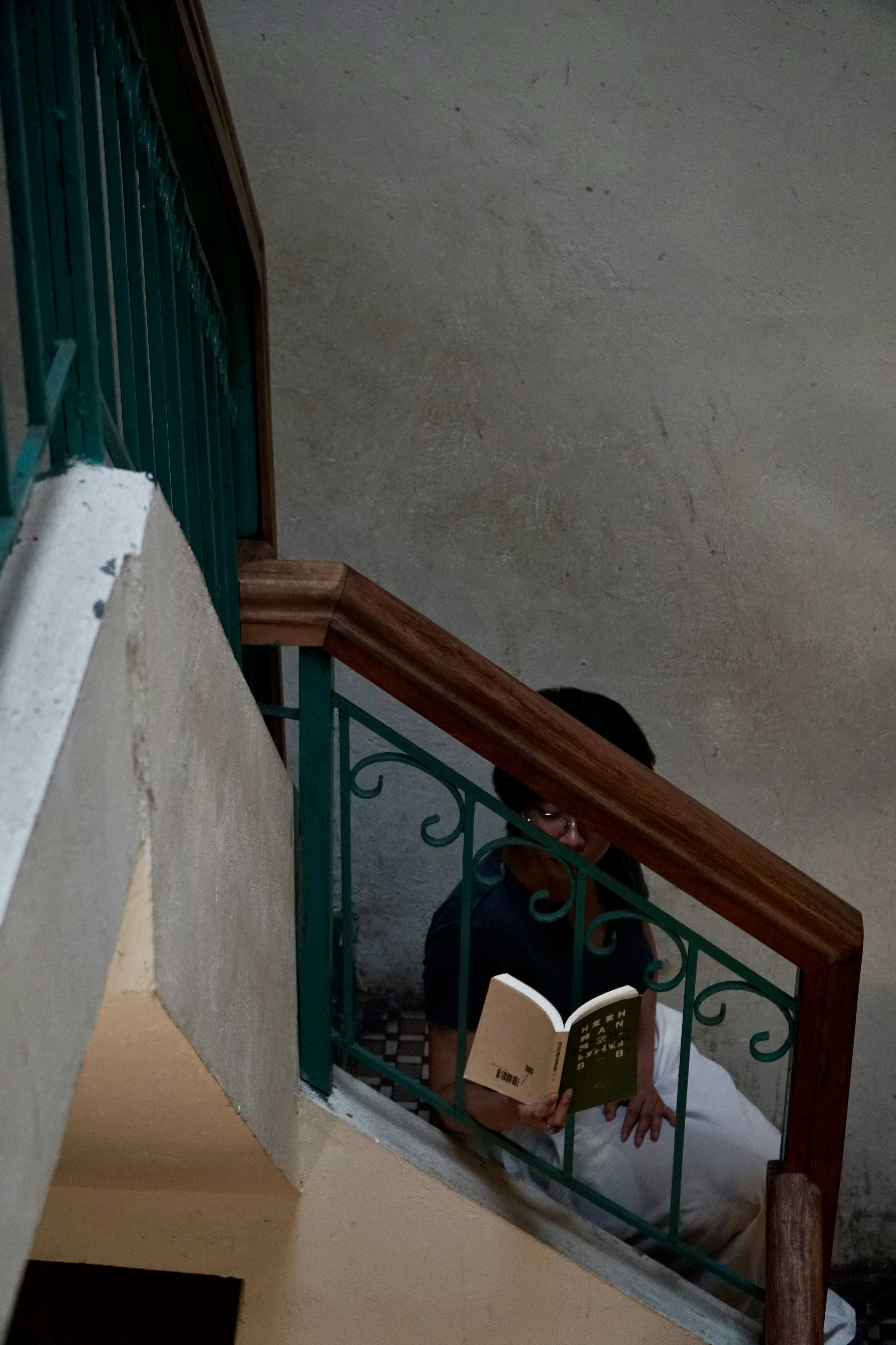 A person sits on a stair railing reading a small book, framed by a green balustrade and a textured wall, capturing a candid indoor scene.