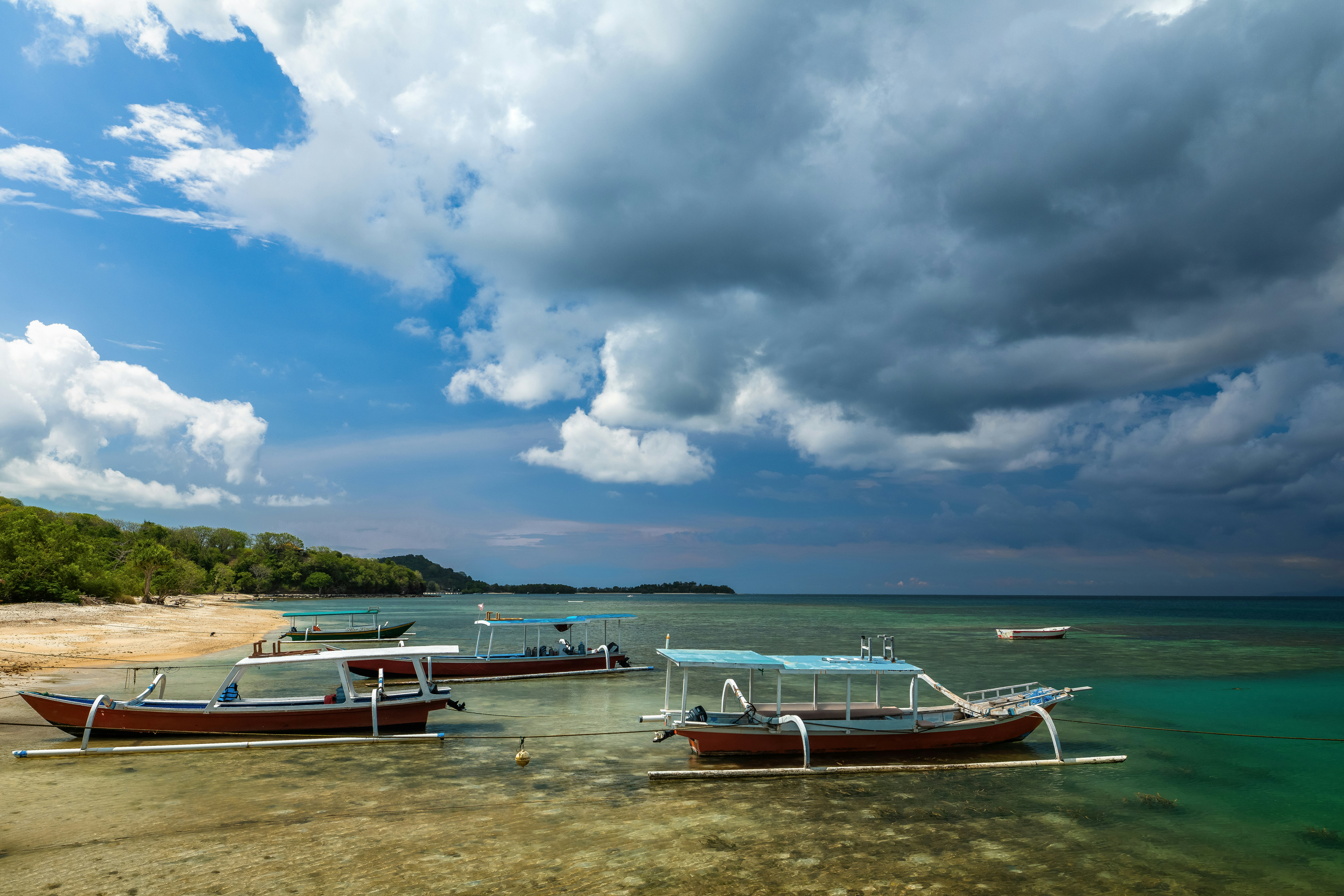 Sunlit boats at the calm edge of a tropical shoreline